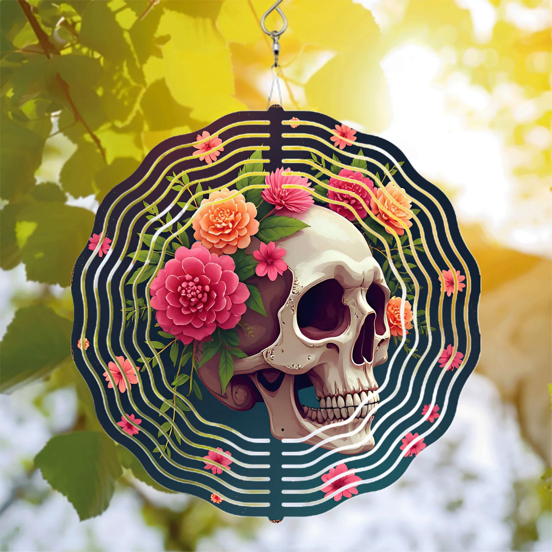 Vibrant Floral Skull Metal Wind Spinner & Chime - Stunning Garden Decor ...