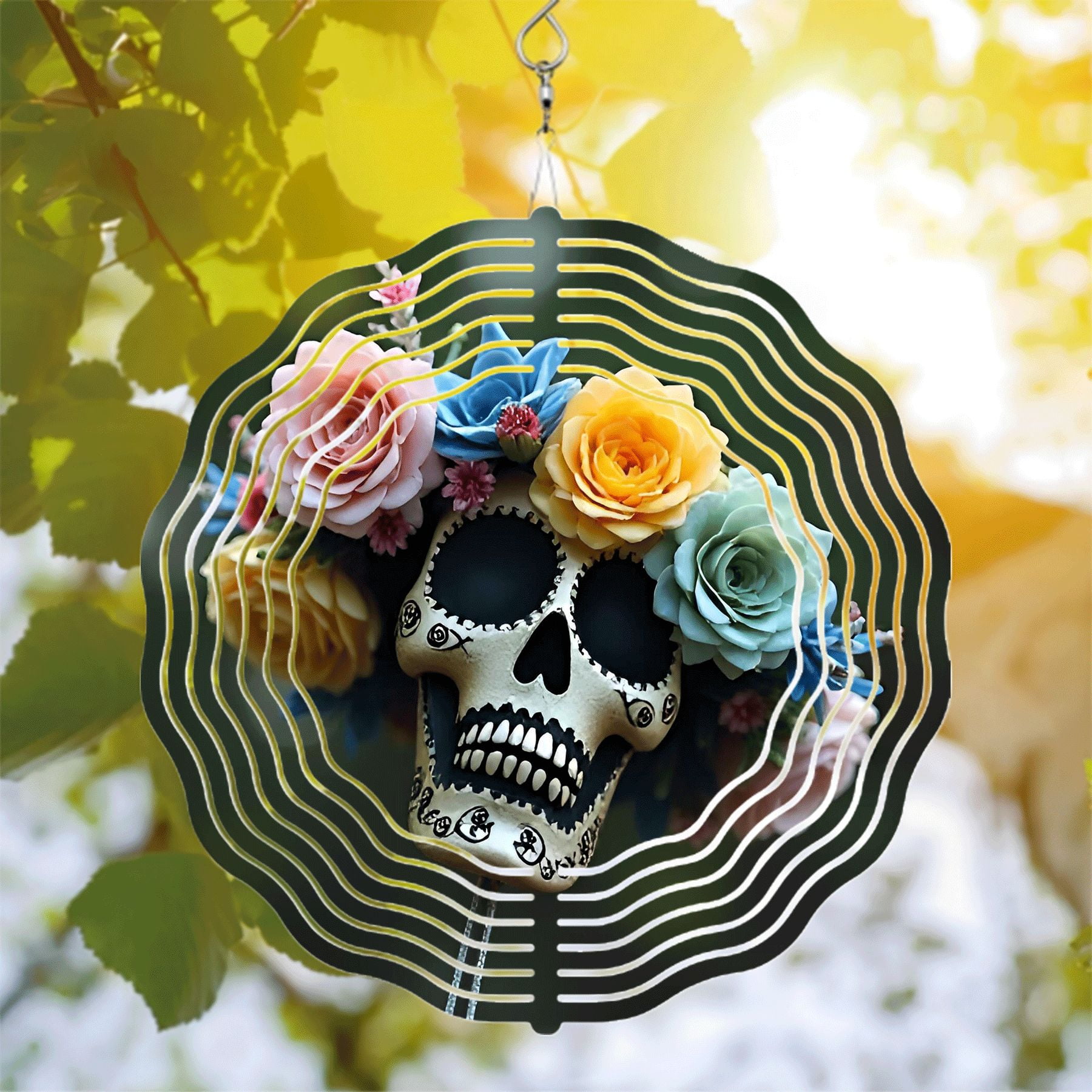 Vibrant Floral Skull Metal Wind Spinner & Chime for Yard - Intricate ...