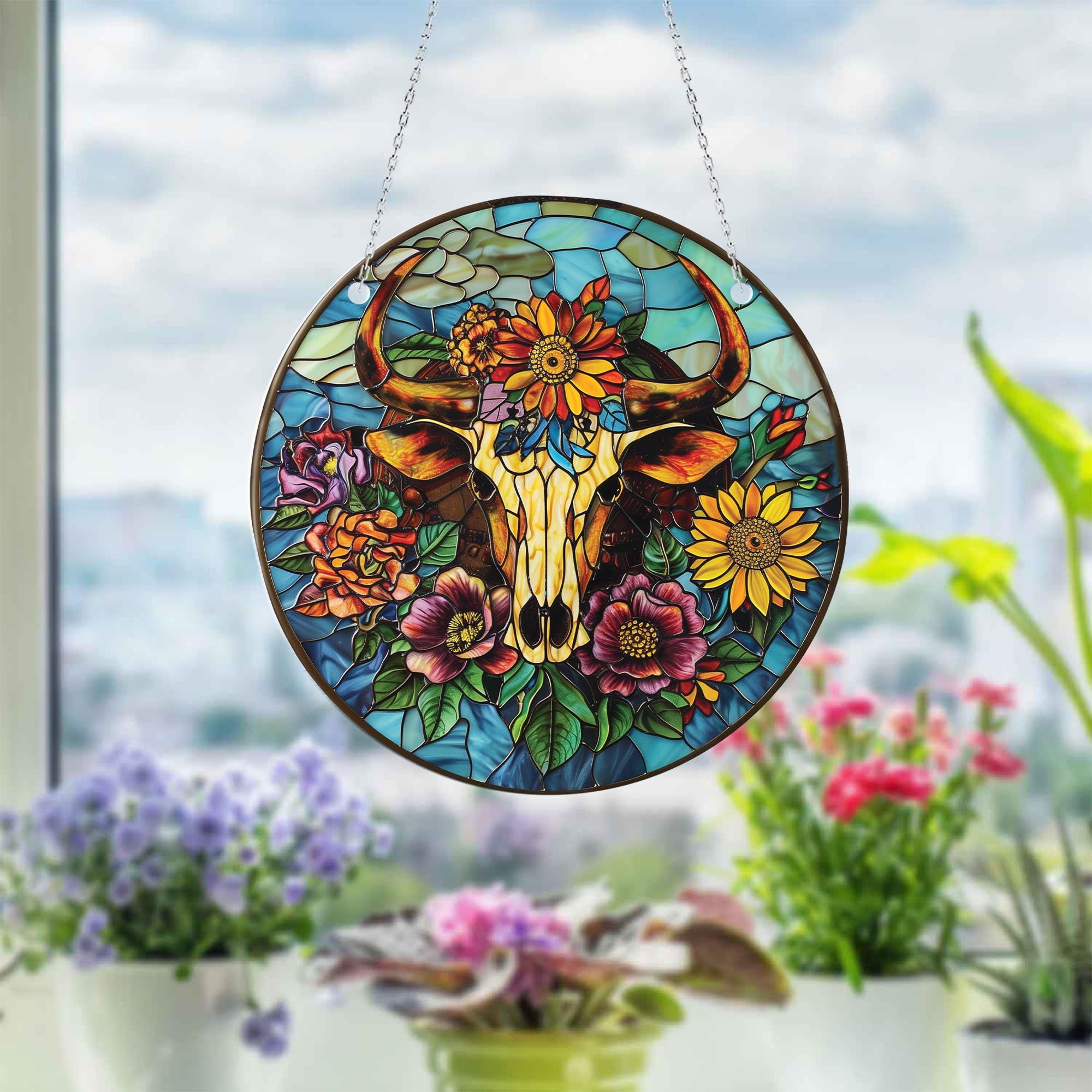 Vibrant Floral Skull Window Display - Stained Glass Style, Perfect for ...