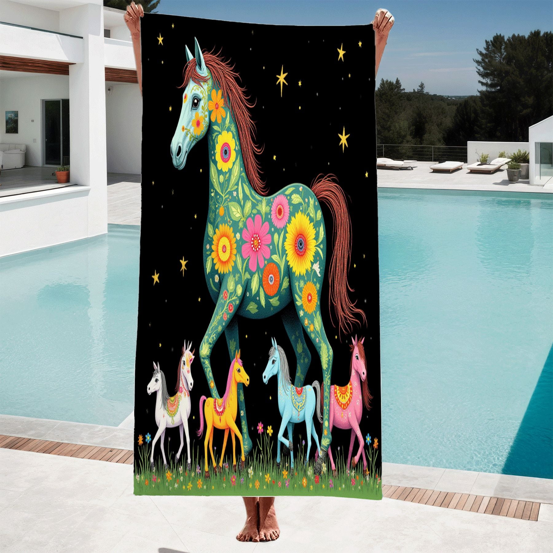 Vibrant Floral & Starry Night Horse Design Beach Towel - Colorful ...