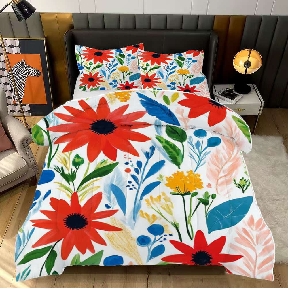 Vibrant Floral Summer Painted Design Comforter Set Queen Size Bedding ...