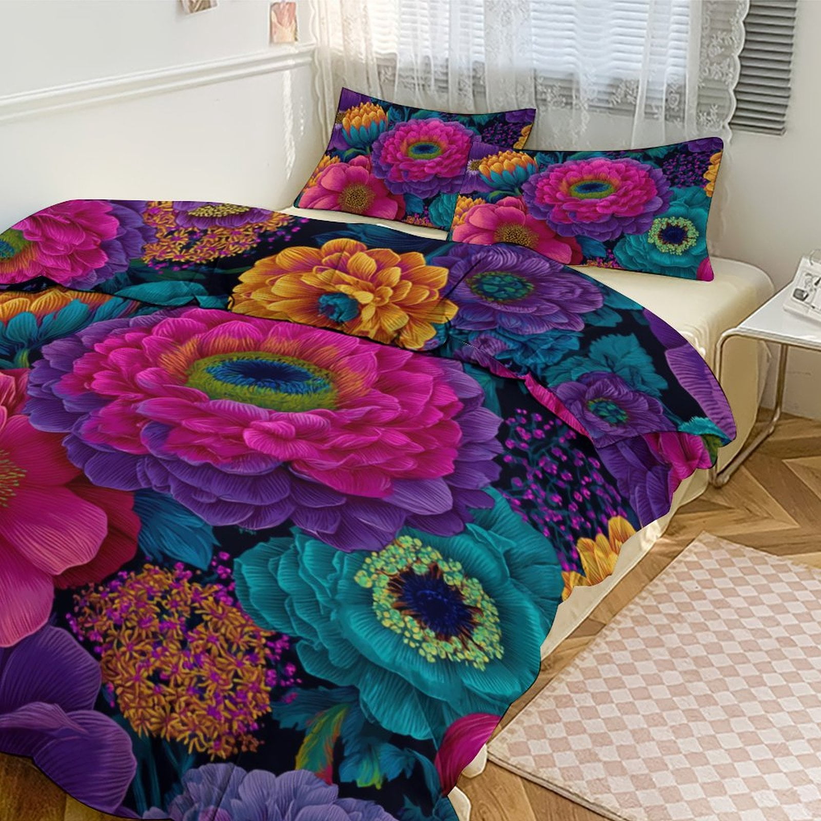Vibrant Floral Textile Design Dark Background Bedding Set with Zipper ...