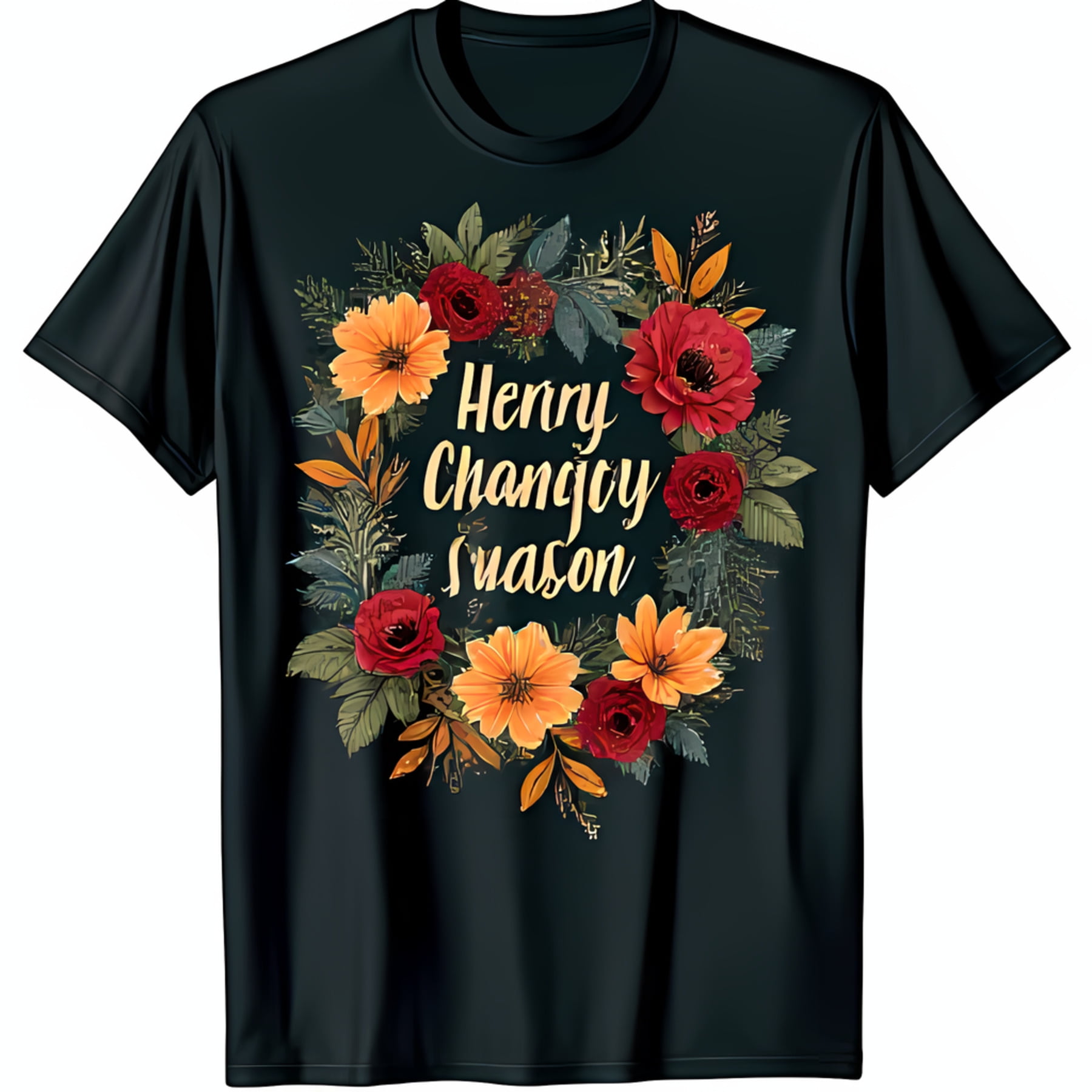 Vibrant Floral Wreath Black T-Shirt with Gold Text Casual Wear for All ...