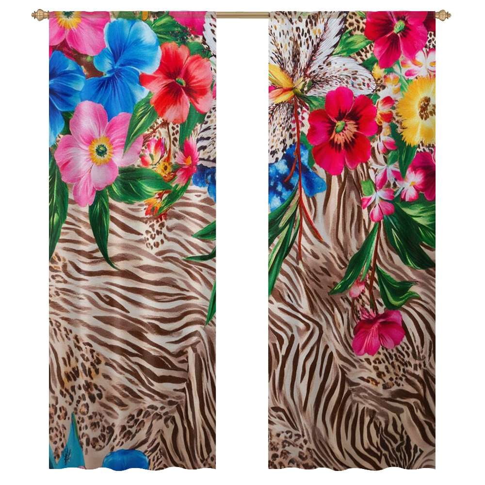 Vibrant Floral Zebra Print Fabric Modern Tulle Window Curtains for ...