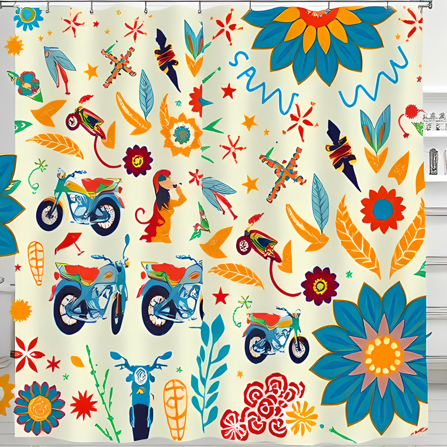Vibrant Floral and Motorcycle Shower Curtain - Colorful Patterns in ...