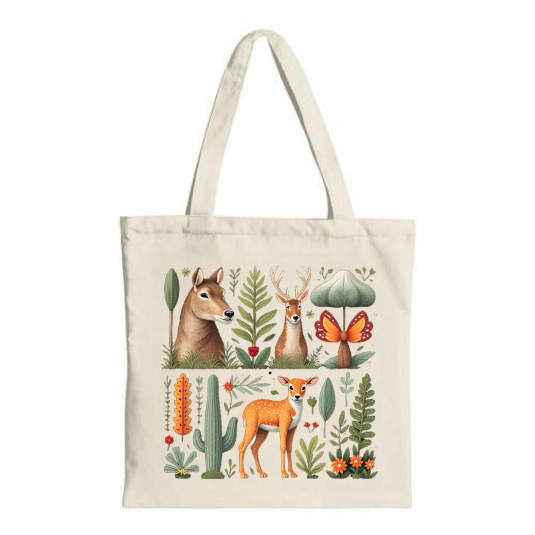 Vibrant Forest Scene Canvas Tote Bag - Whimsical Deer Butterfly ...
