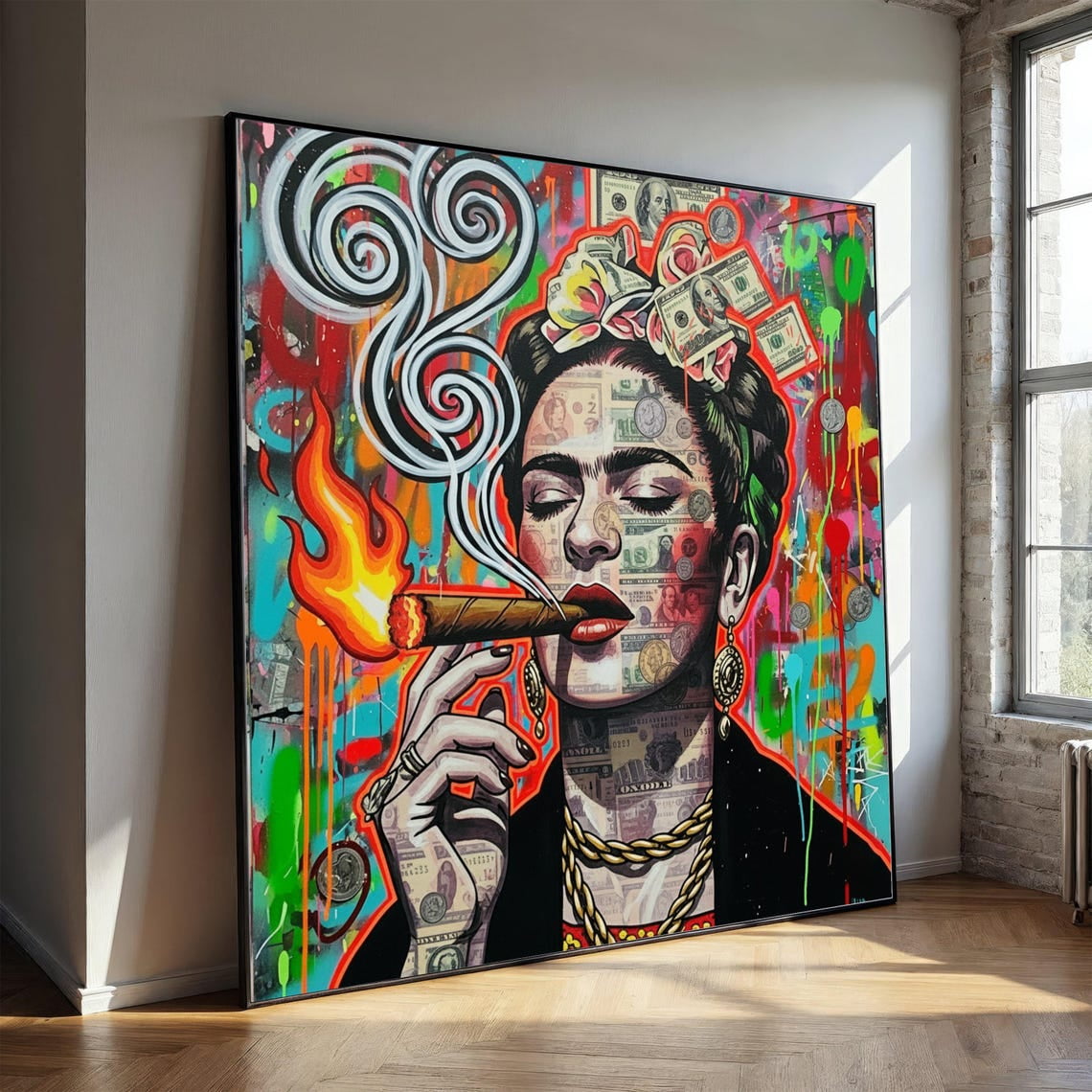 Vibrant Frida Kahlo Canvas Art, Modern Pop Graffiti Wall Decor, Money ...