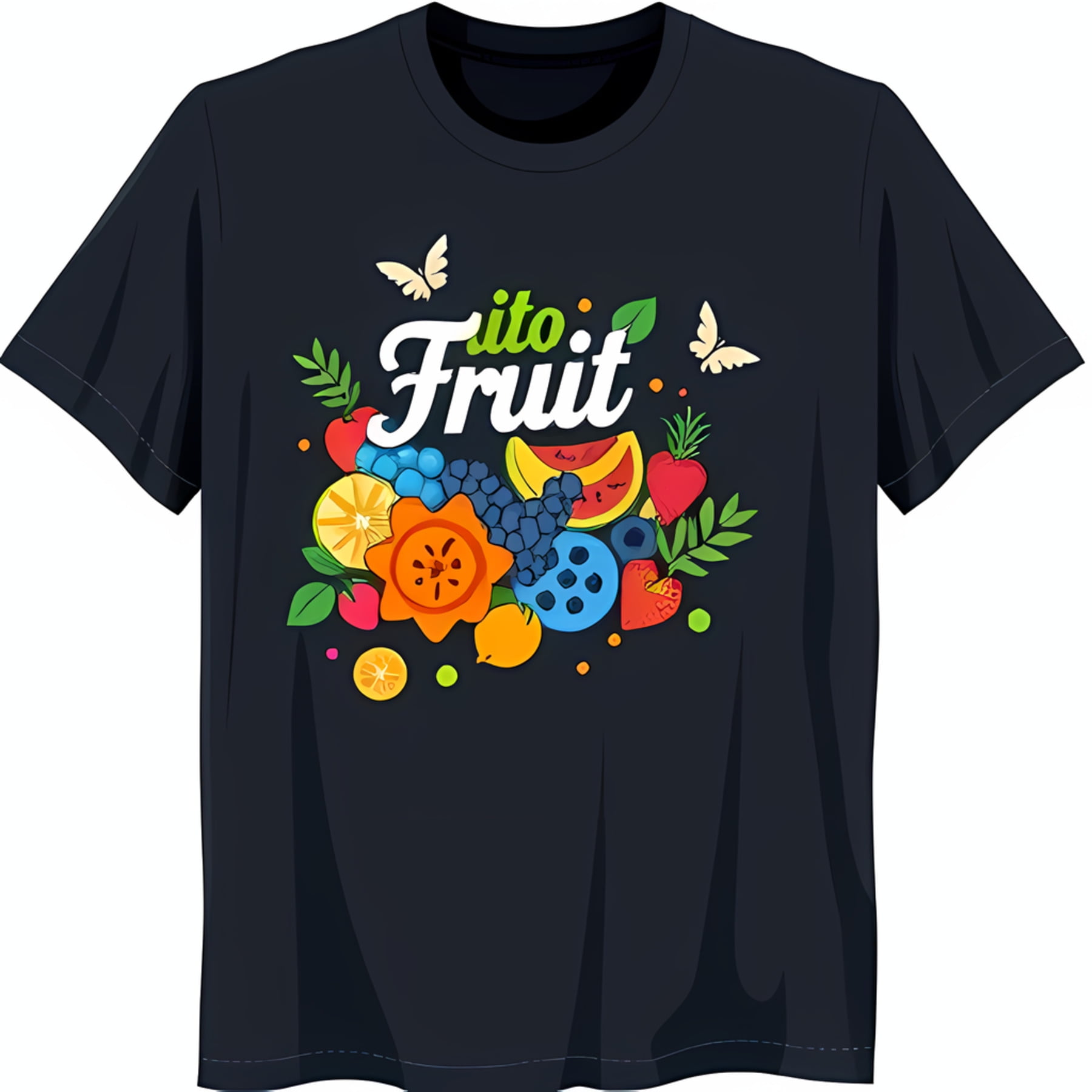 Vibrant Fruit Design Black T-Shirt with Butterflies 'ito Fruit' Graphic ...