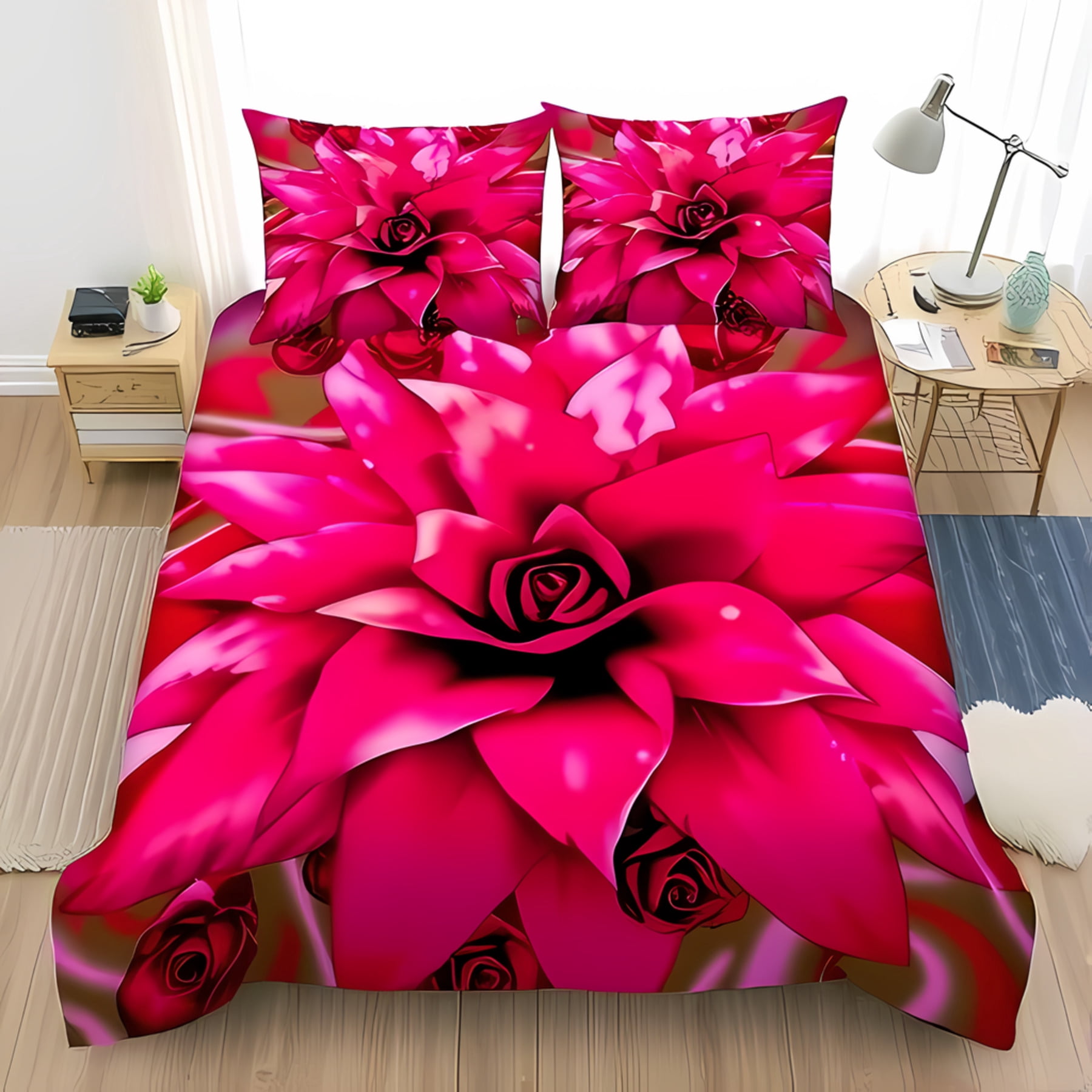 Vibrant Fuchsia 3-Piece Duvet Cover Set with Bromeliad & Rose Floral ...