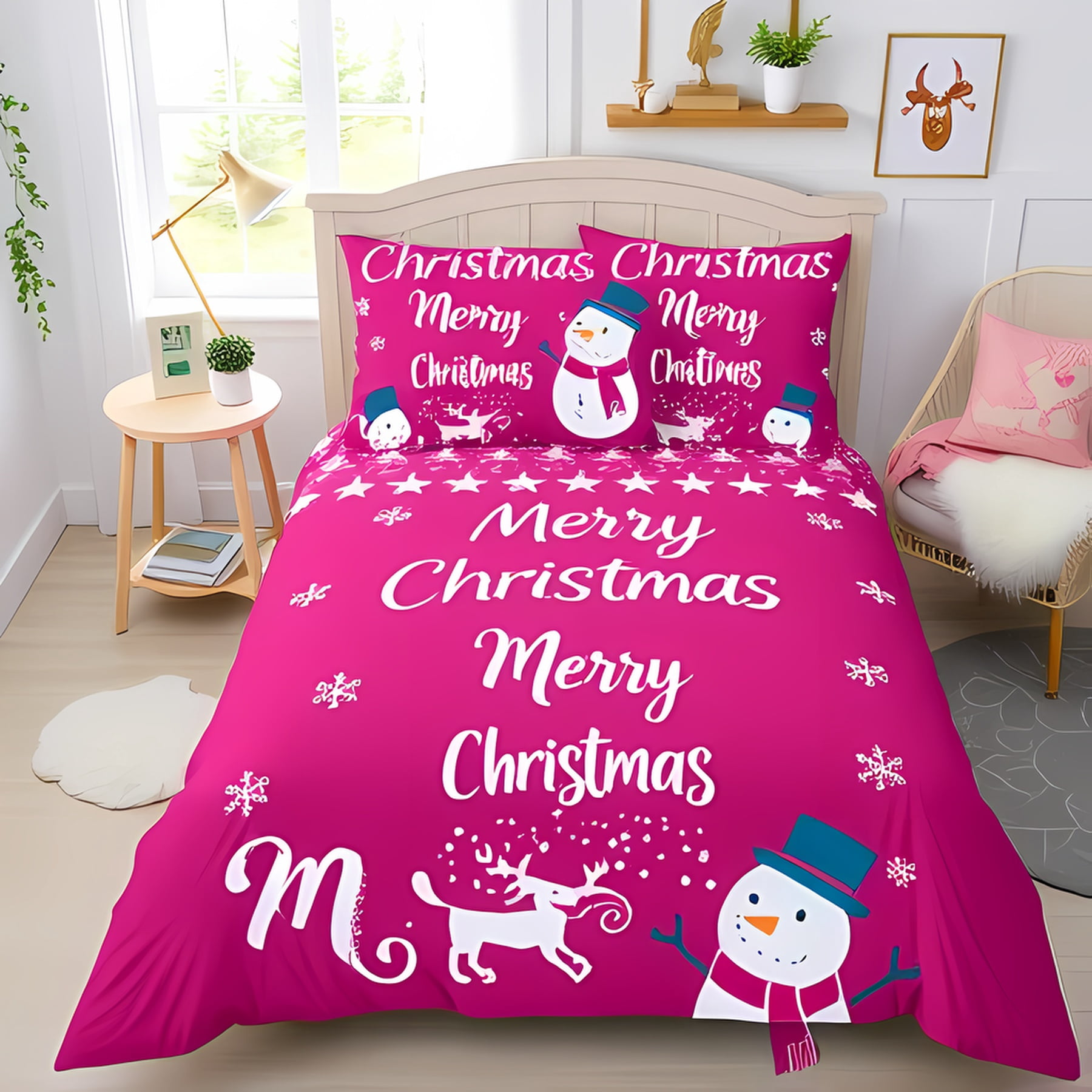 Vibrant Fuchsia Pink 3-Piece Christmas Duvet Cover Set with Snowmen ...
