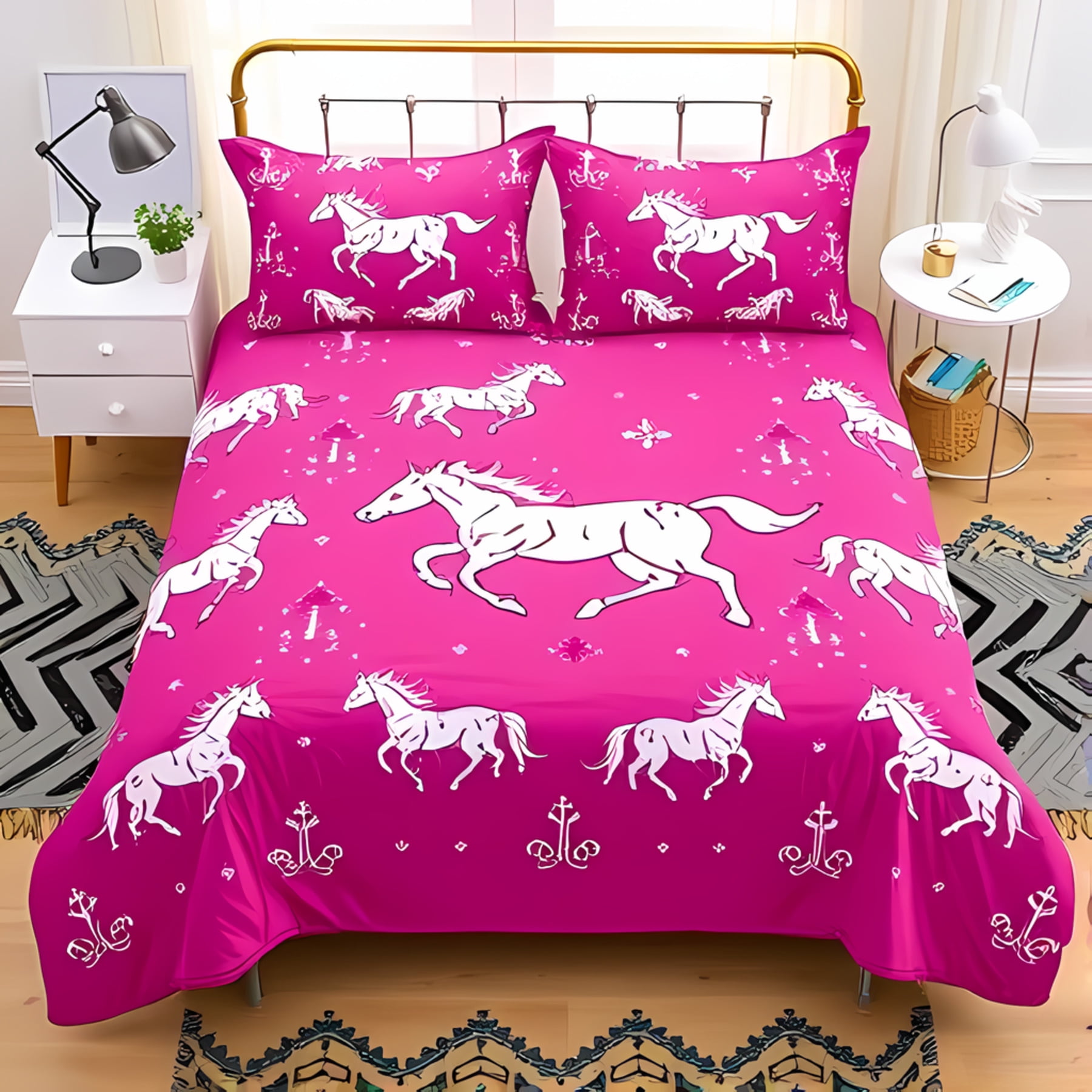 Vibrant Fuchsia Pink 3-Piece Duvet Cover Set with Galloping White ...