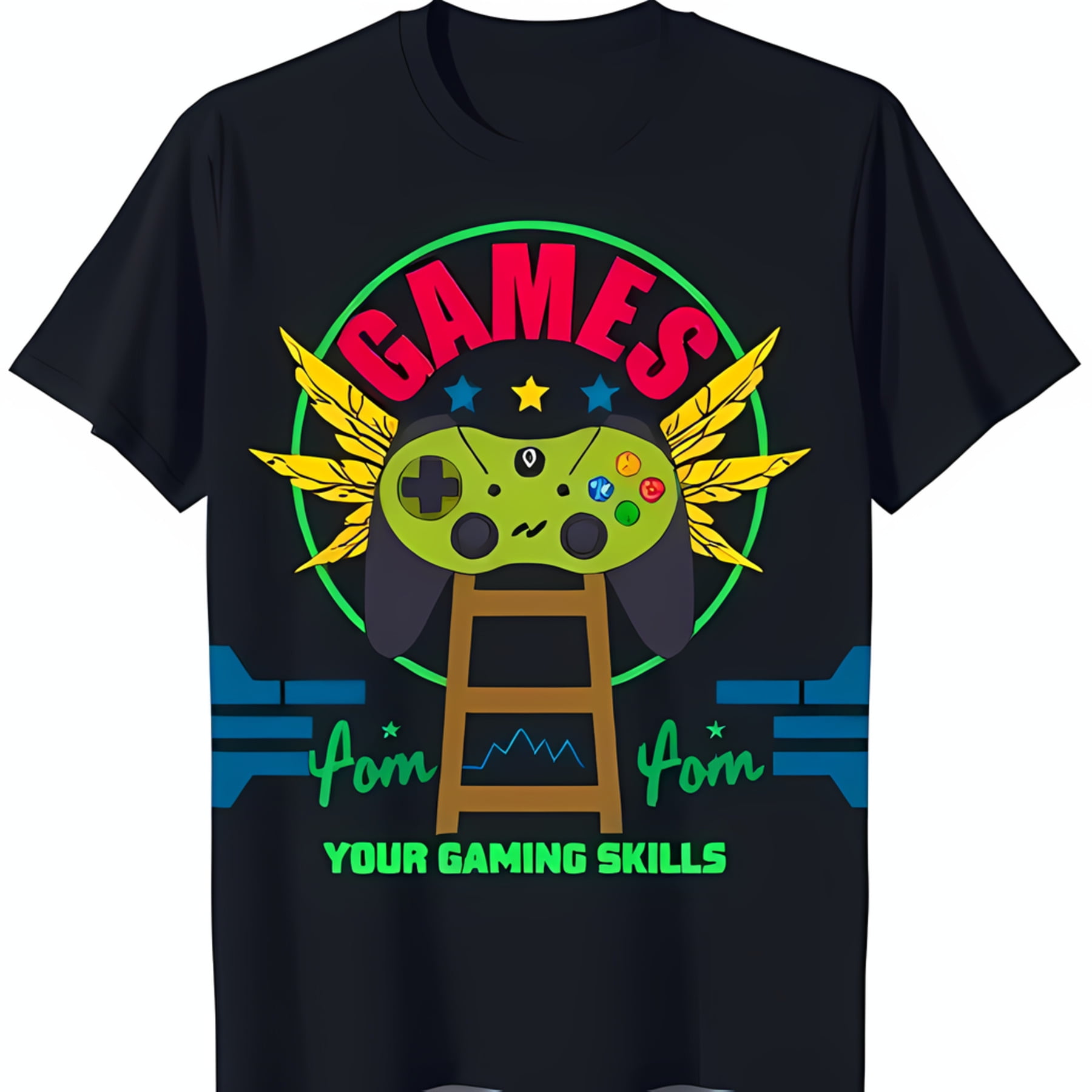 Vibrant Gamer T-Shirt with Winged Controller & Ladder Graphic Fun ...