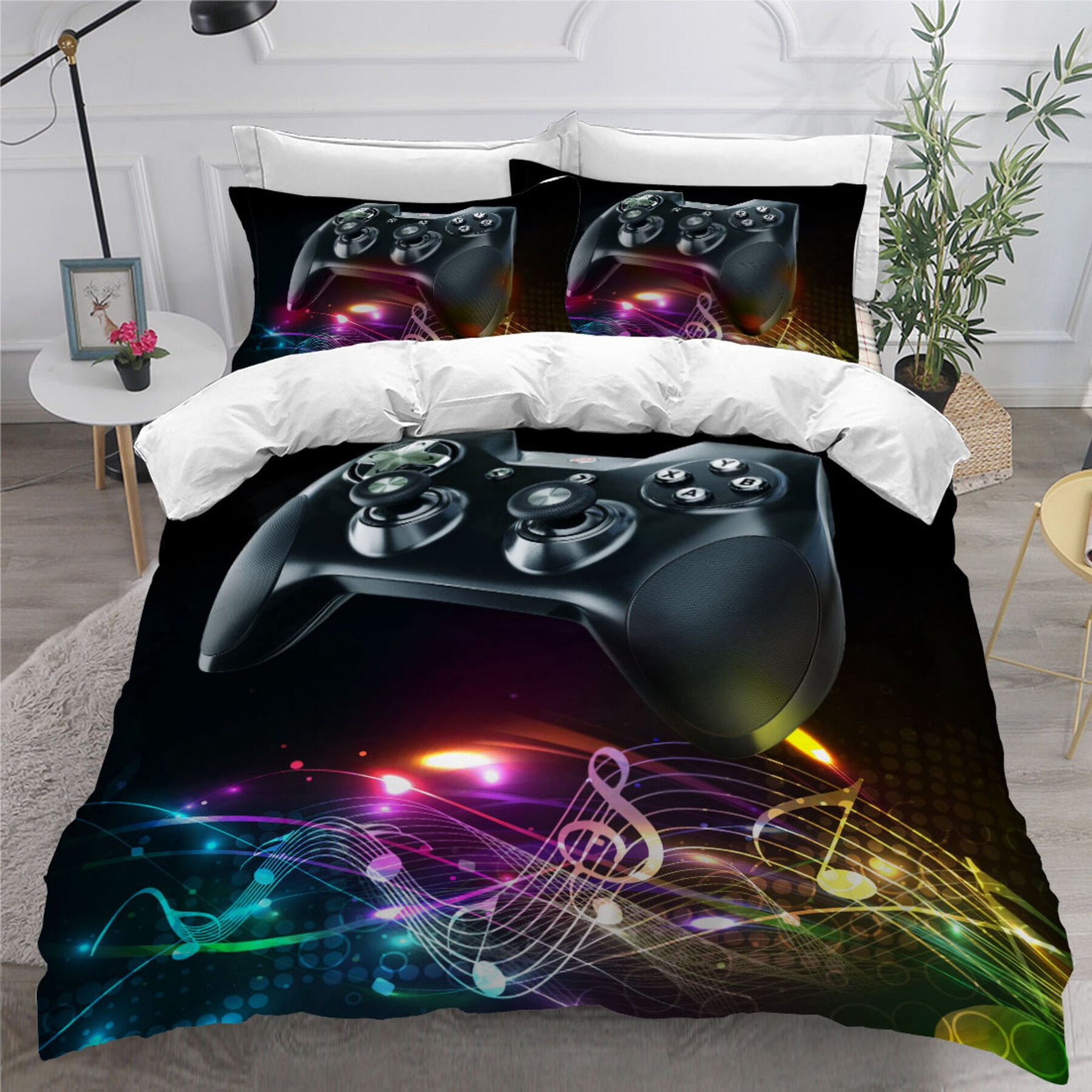 Vibrant Gaming & Music Bedding Set Musical Notes with Realistic Black ...