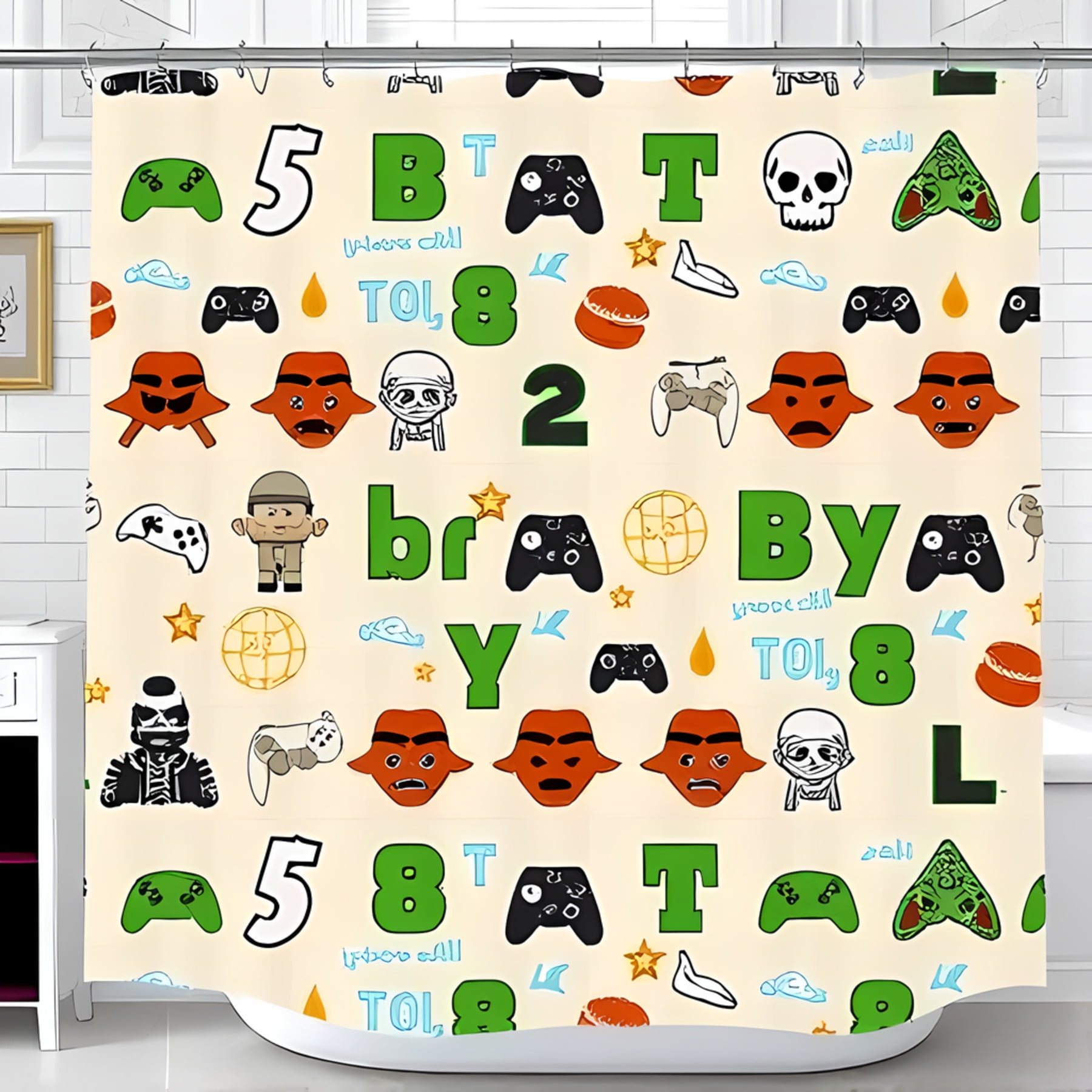 Vibrant Gaming Shower Curtain with 8-Bit Characters Controllers and ...
