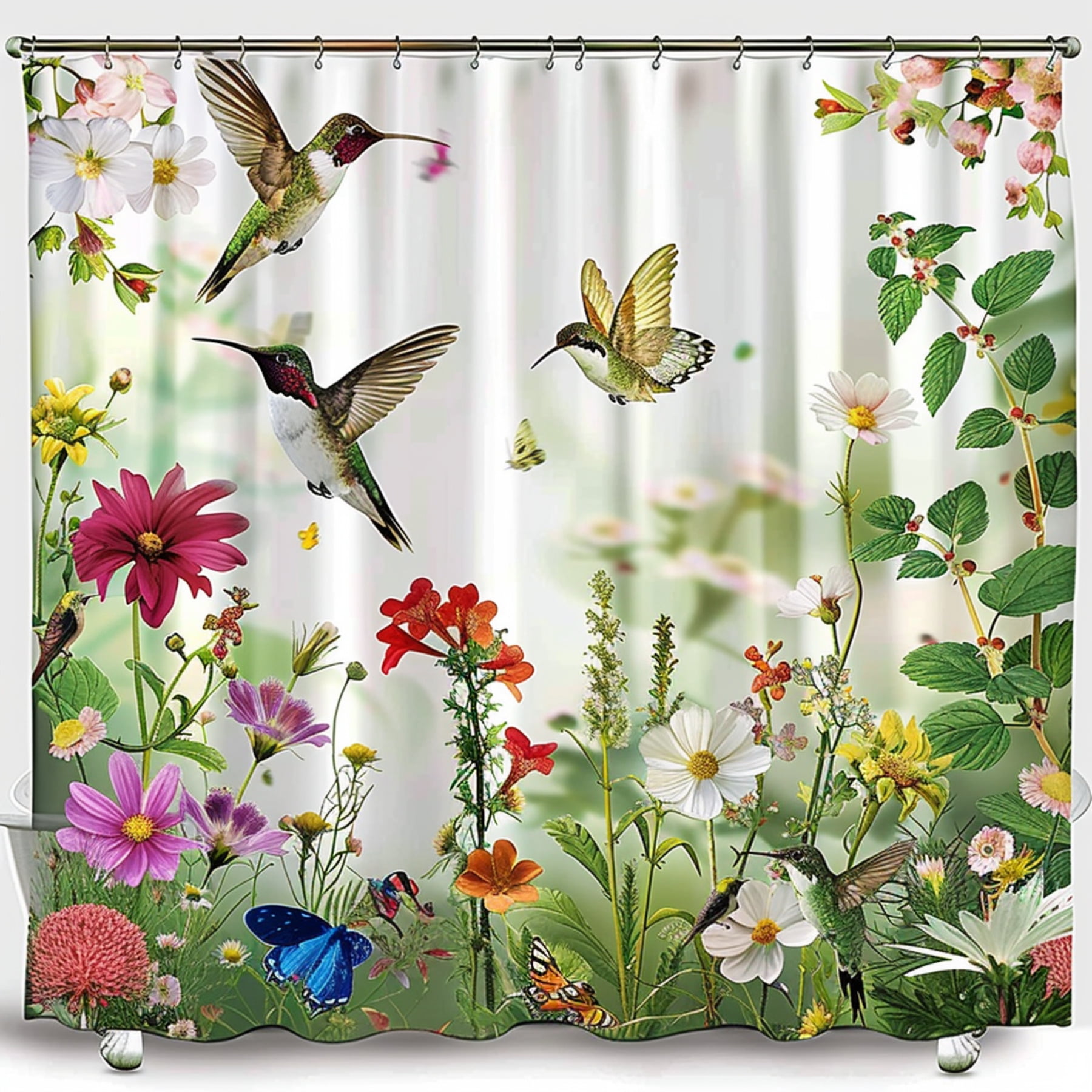 Vibrant Garden Oasis Shower Curtain Colorful Hummingbirds Butterflies