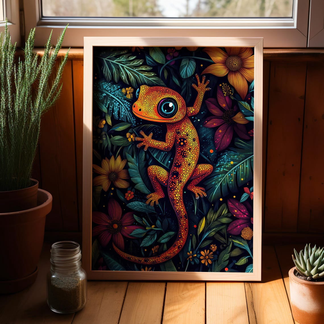 Vibrant Gecko Colorful Botanical Abstract Pointillism Style Animal ...
