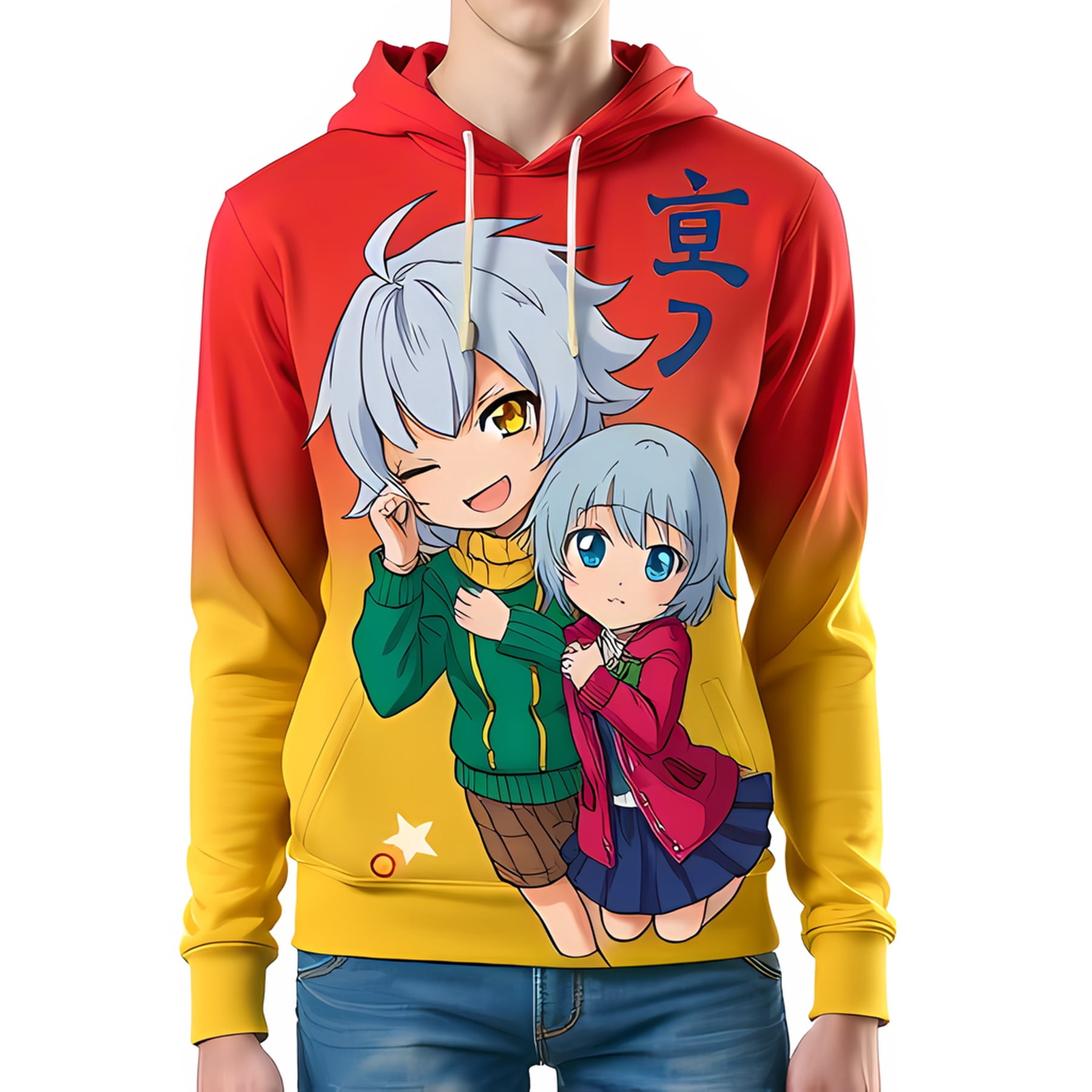 Vibrant Gradient 3D Anime Hoodie with Characters - Red to Yellow Casual ...