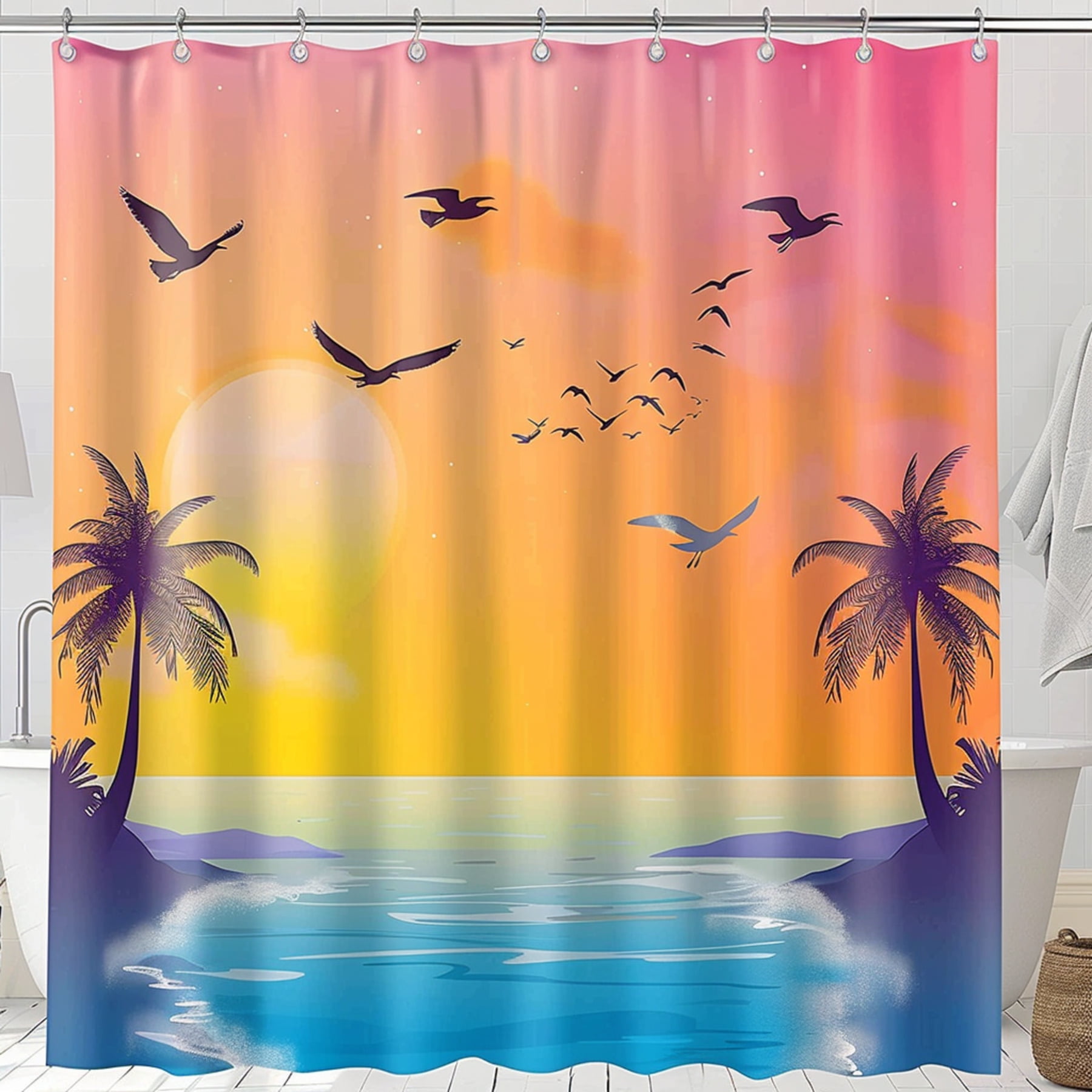 Vibrant Gradient Colors Seagull Shadows and Palm Trees Unique Bathroom ...