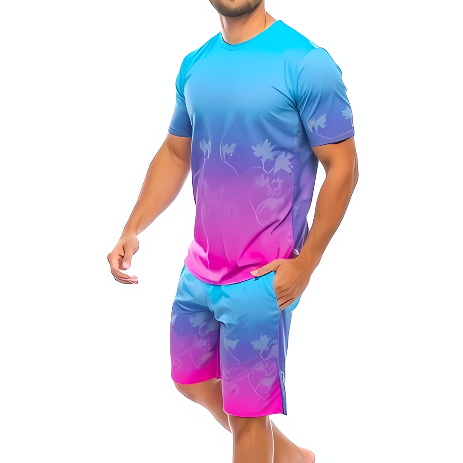 Vibrant Gradient T-Shirt and Shorts Set - Blue to Pink Transition with ...