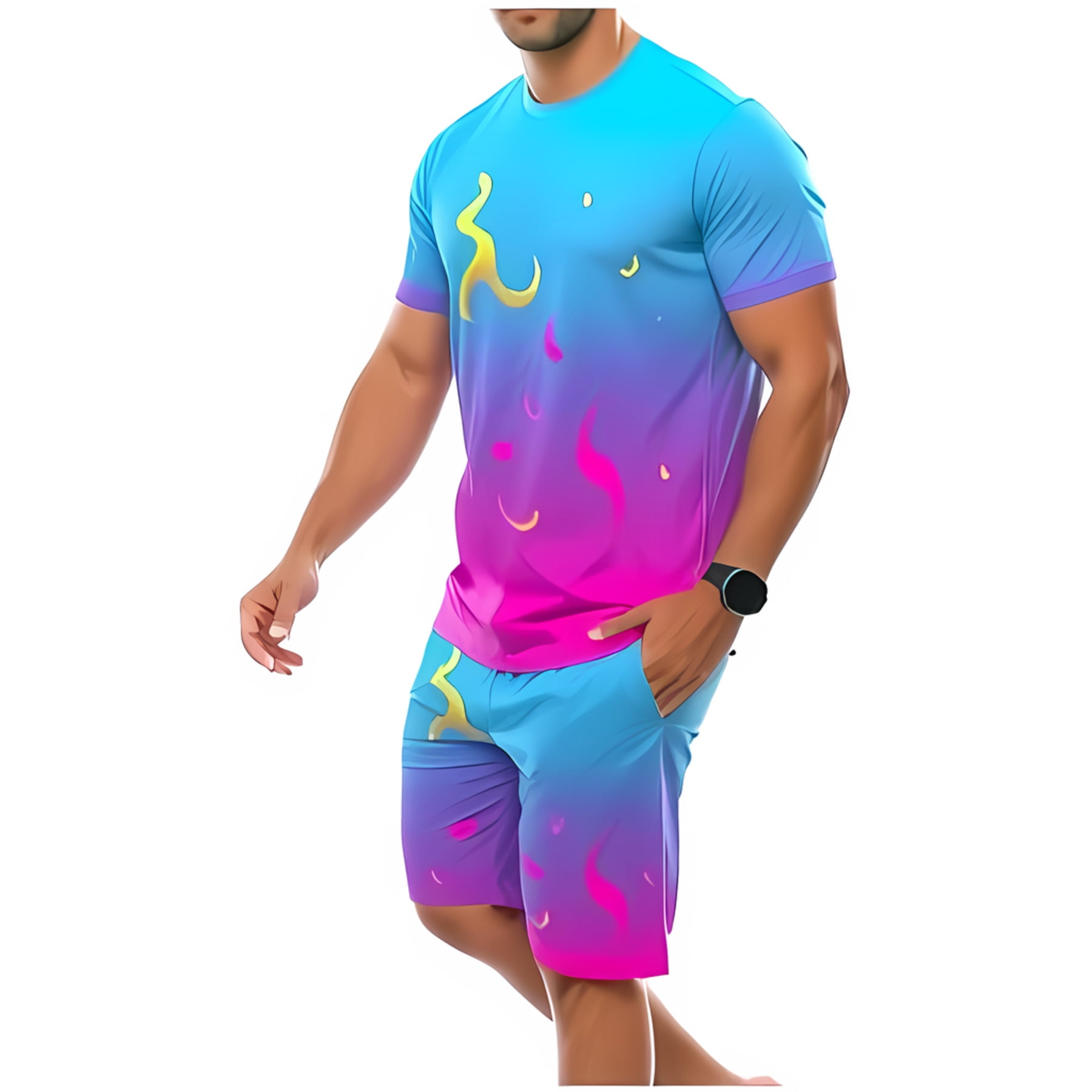 Vibrant Gradient T-Shirt and Shorts Set - Blue to Pink with Yellow ...