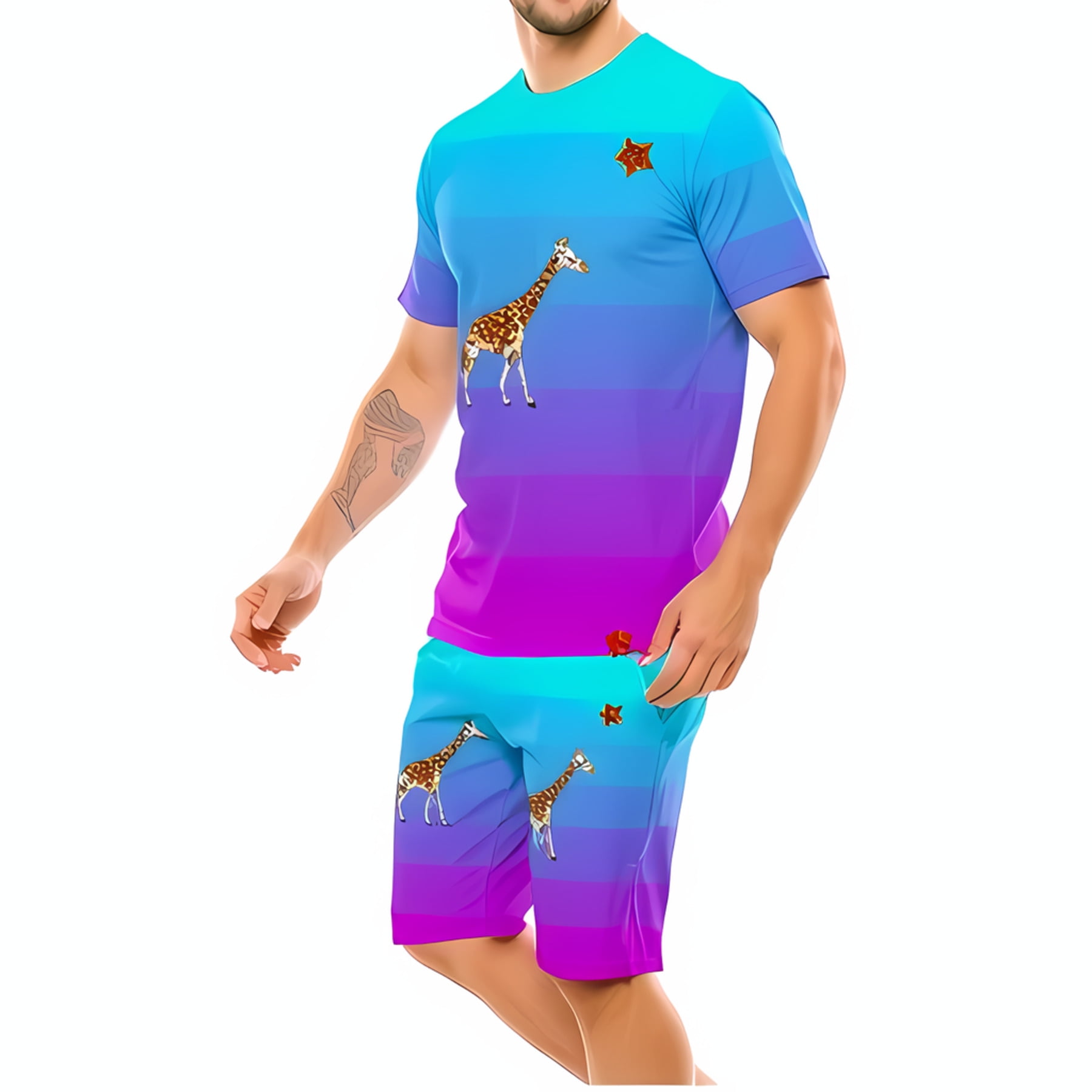 Vibrant Gradient T-Shirt and Shorts Set with Charming Giraffe Motifs ...