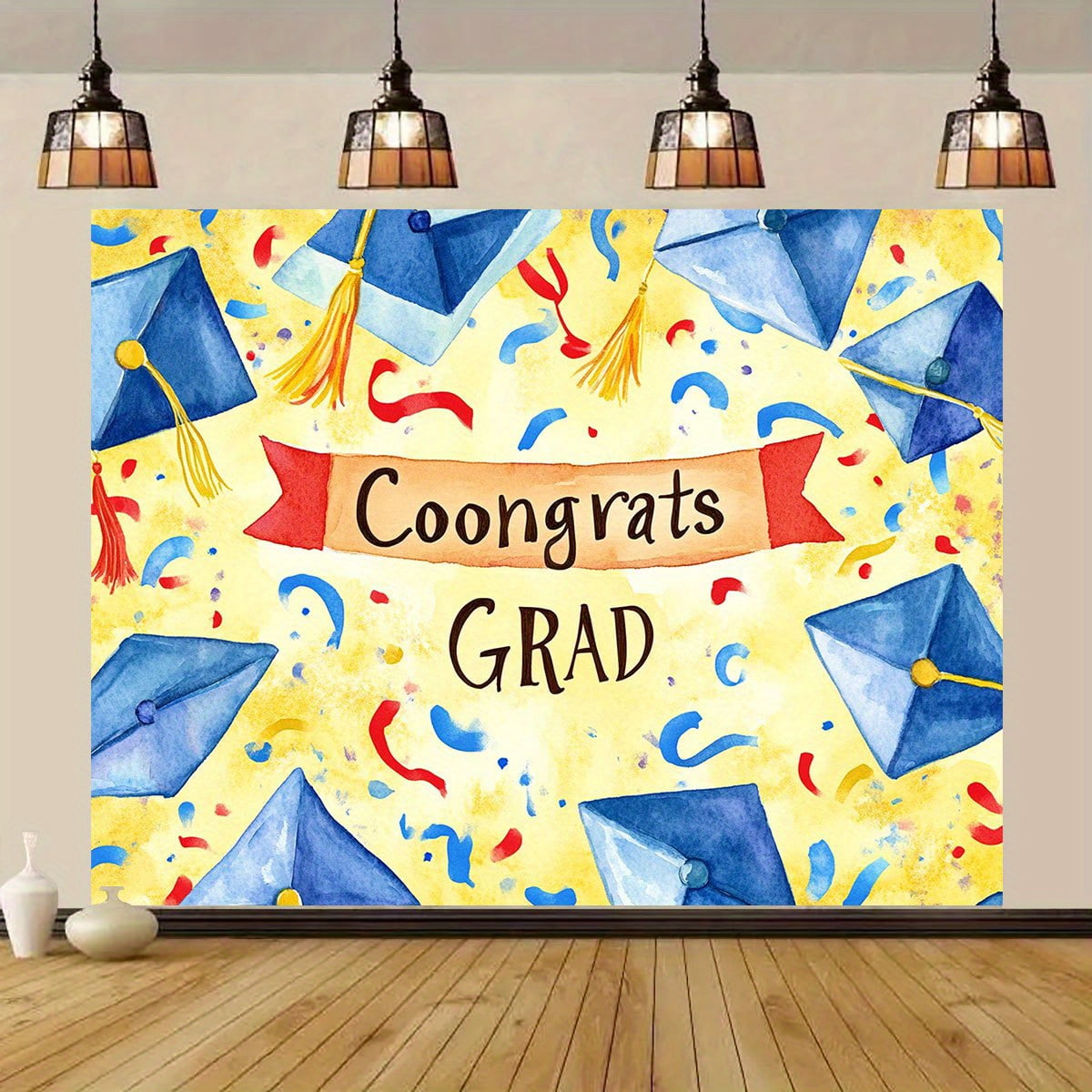 Vibrant Graduation Banner Backdrop - Watercolor Yellow with Blue & Red ...
