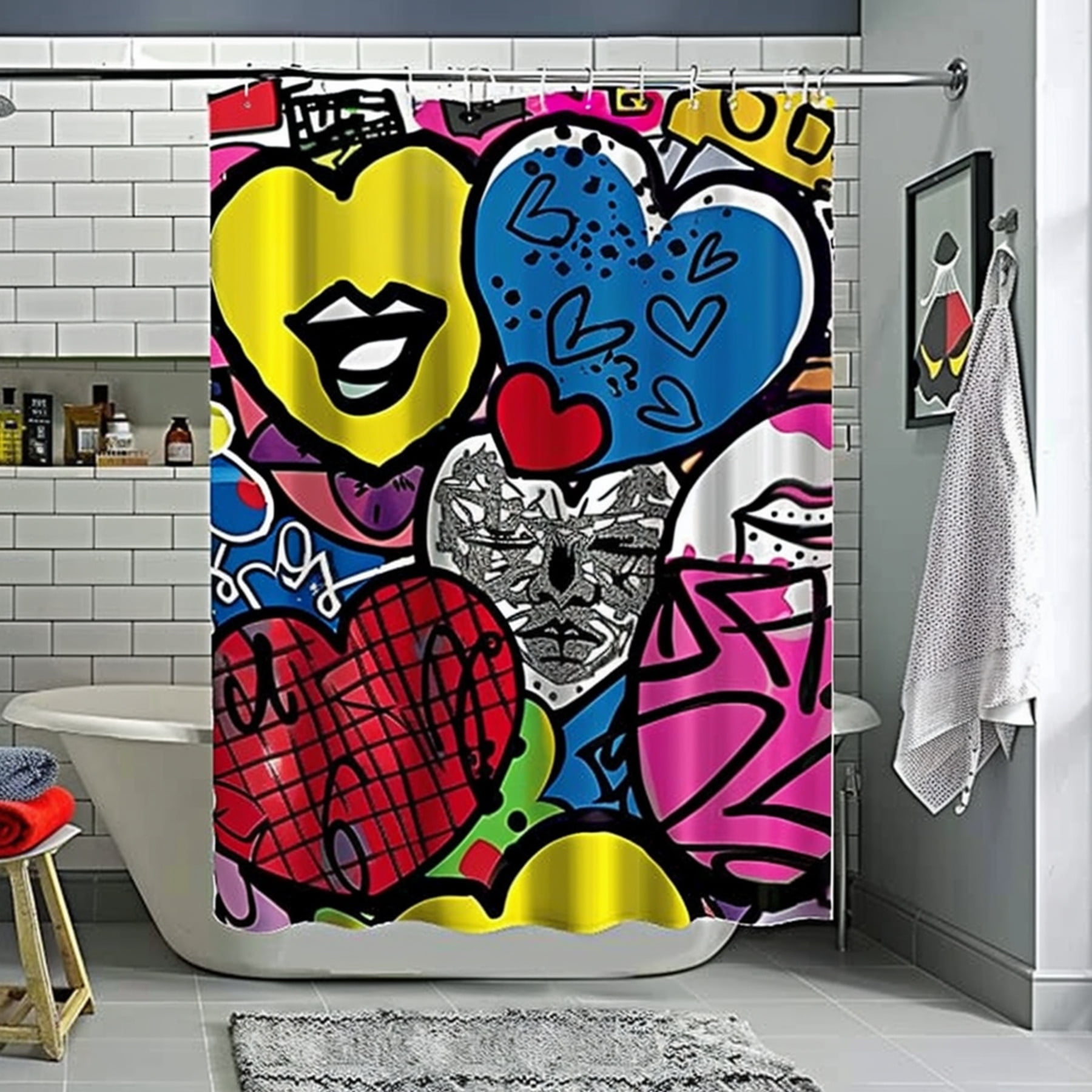 Vibrant Graffiti Art Shower Curtain Hearts And Lips Design By Urban