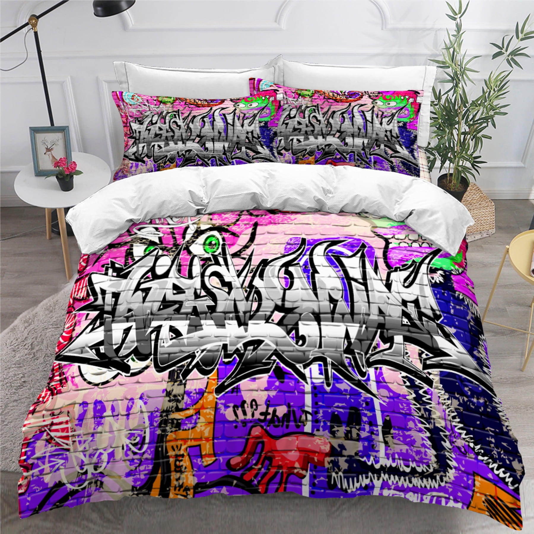 Vibrant Graffiti Bedding Set Bold Urban Design with Colorful Characters ...