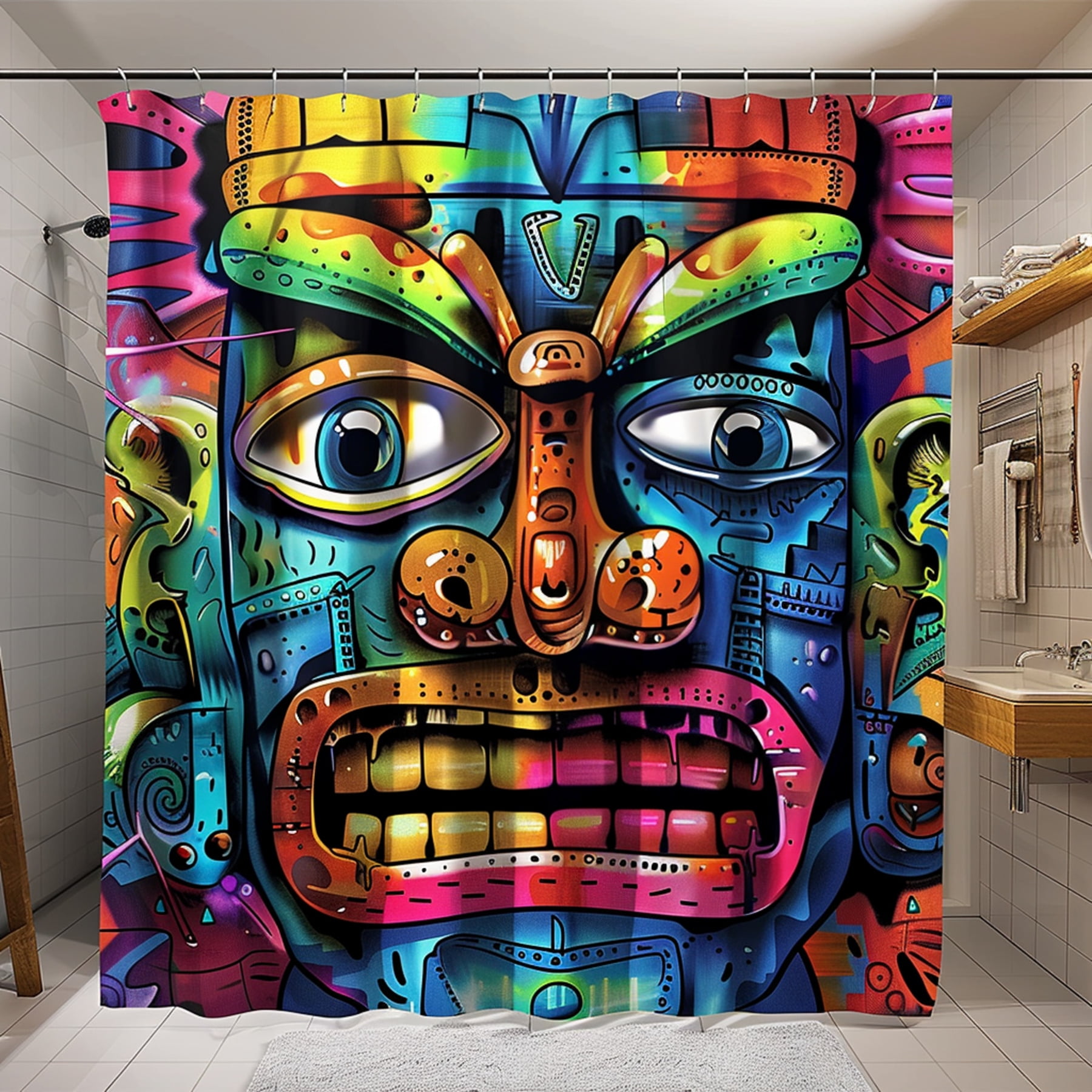 Vibrant Graffiti Tiki Head Shower Curtain Modern Mexican Art Meets ...
