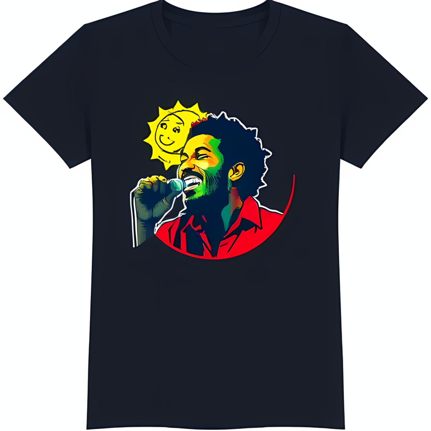 Vibrant Graphic Black T-Shirt Featuring Singing Man with Smiling Sun Design - Walmart.com