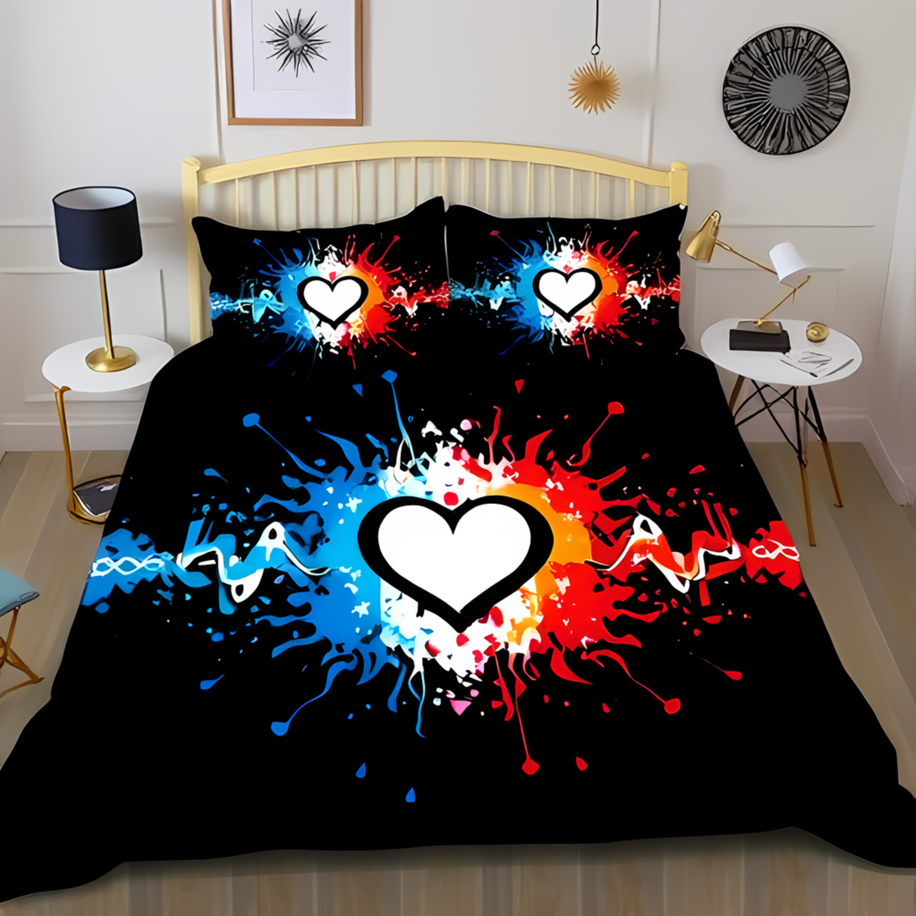 Vibrant Graphic Comforter Set with Bold Colors & White Hearts ...