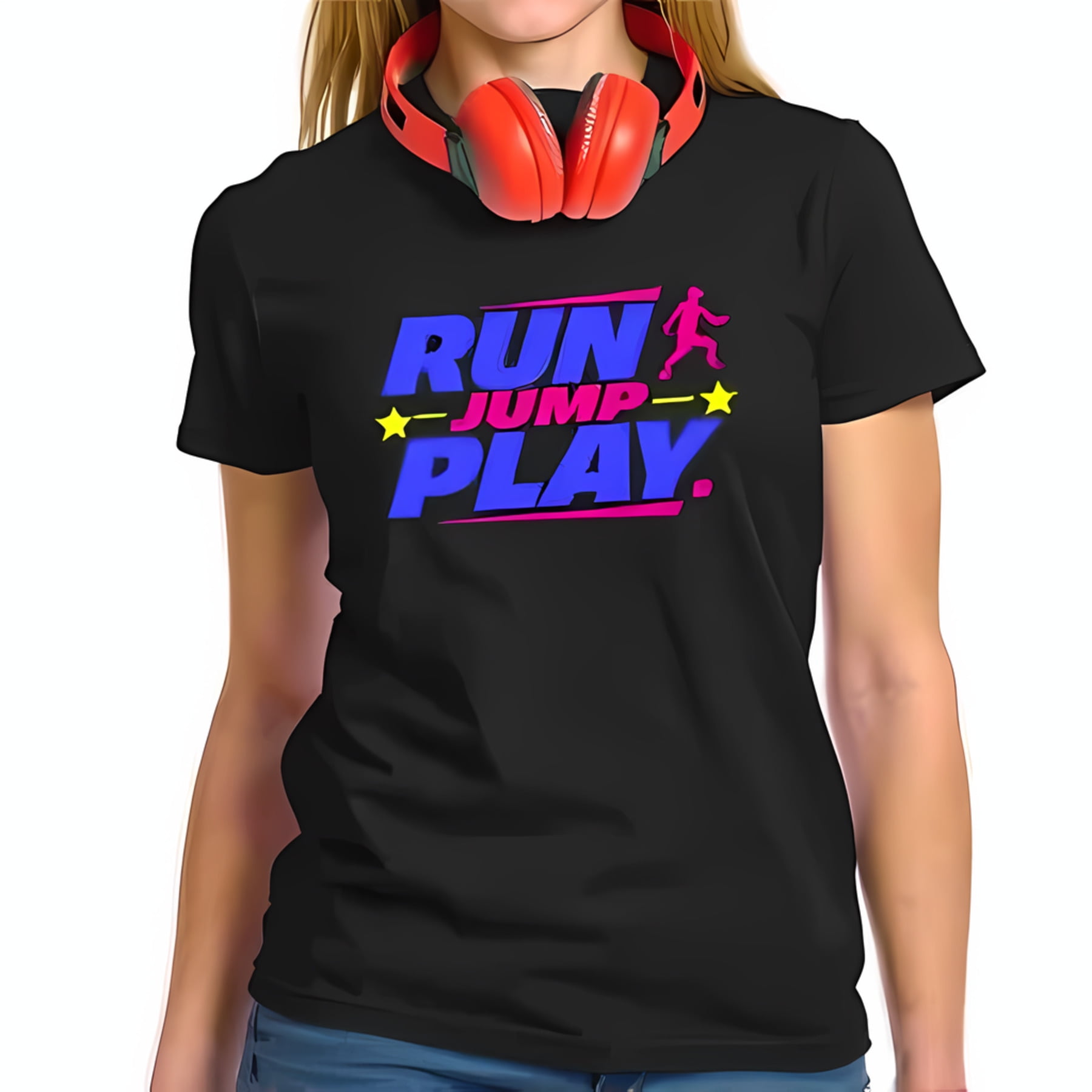 Vibrant Graphic Cotton Short Sleeve T-Shirt - Retro 'RUN' 'JUMP' 'PLAY' Design with Colorful ...