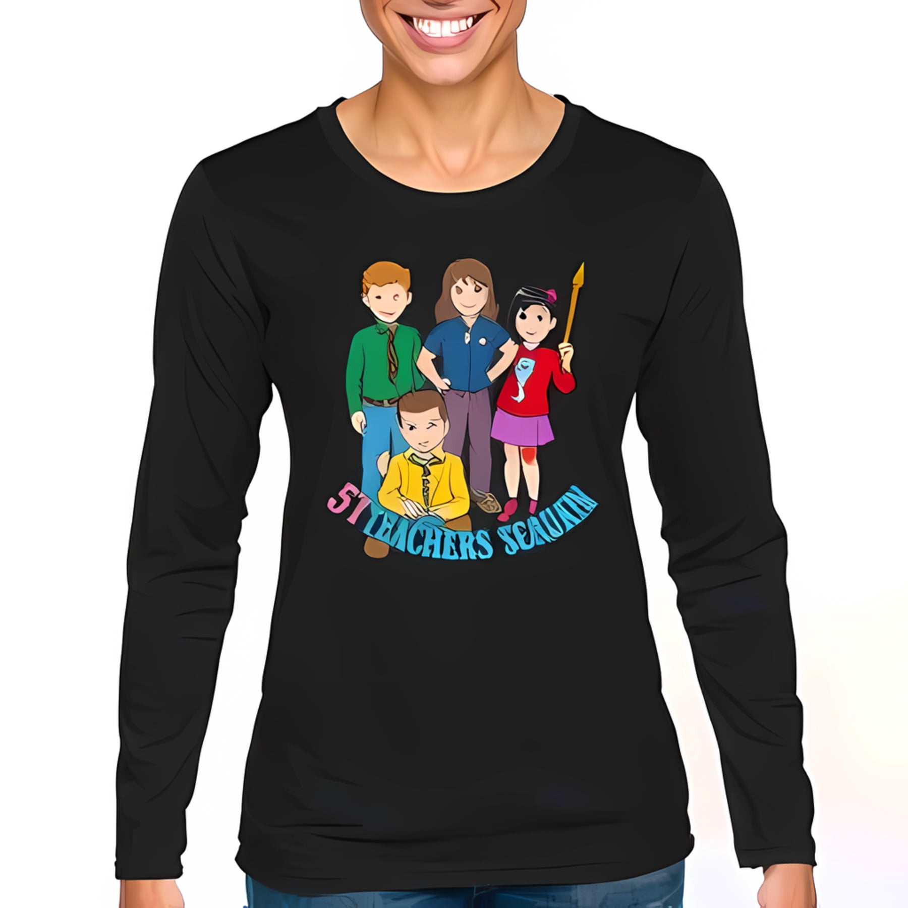 Vibrant Graphic Long Sleeve T-Shirt Featuring 5 Cartoon Characters in a ...