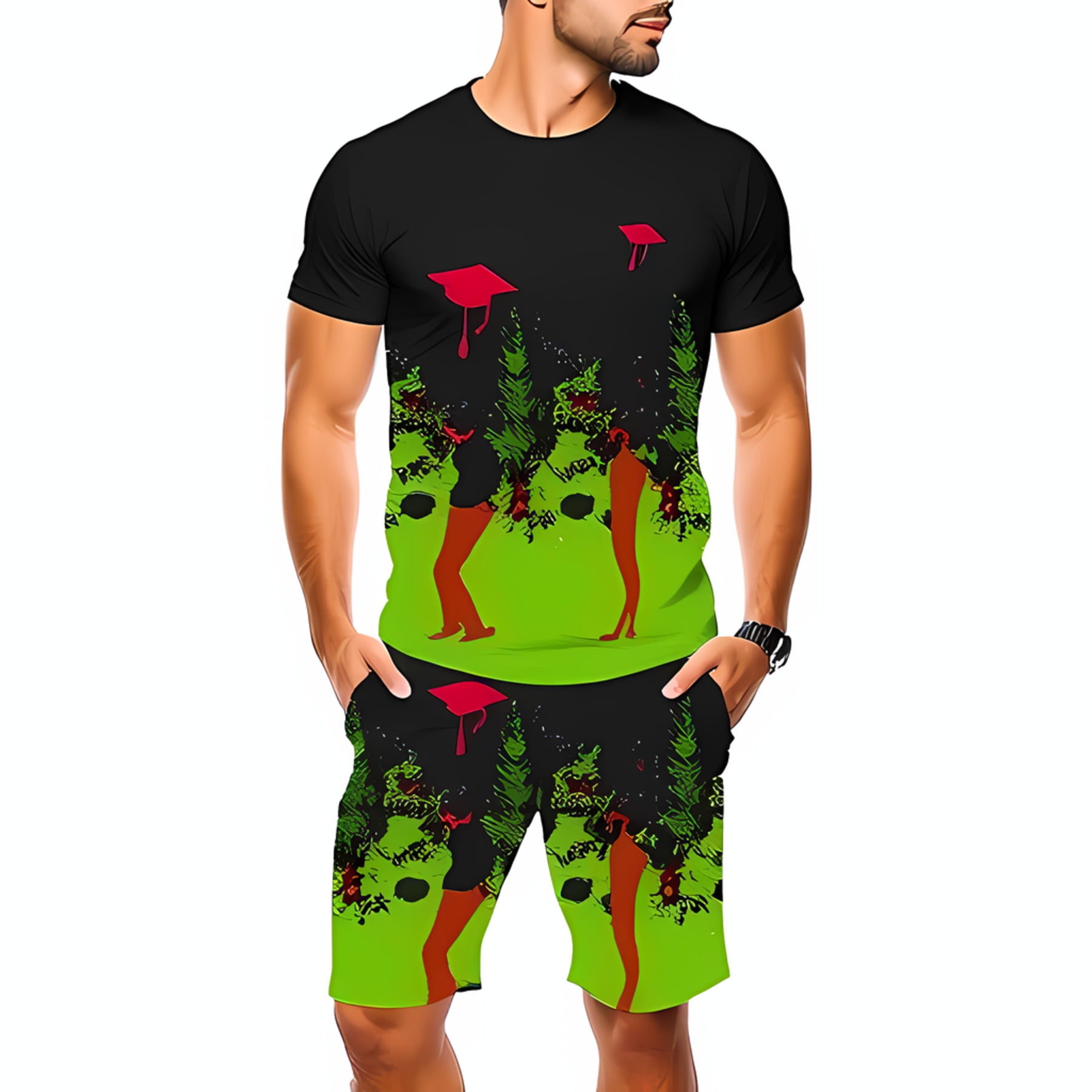 Vibrant Graphic T-Shirt and Shorts Set - Black with Stylized Female ...