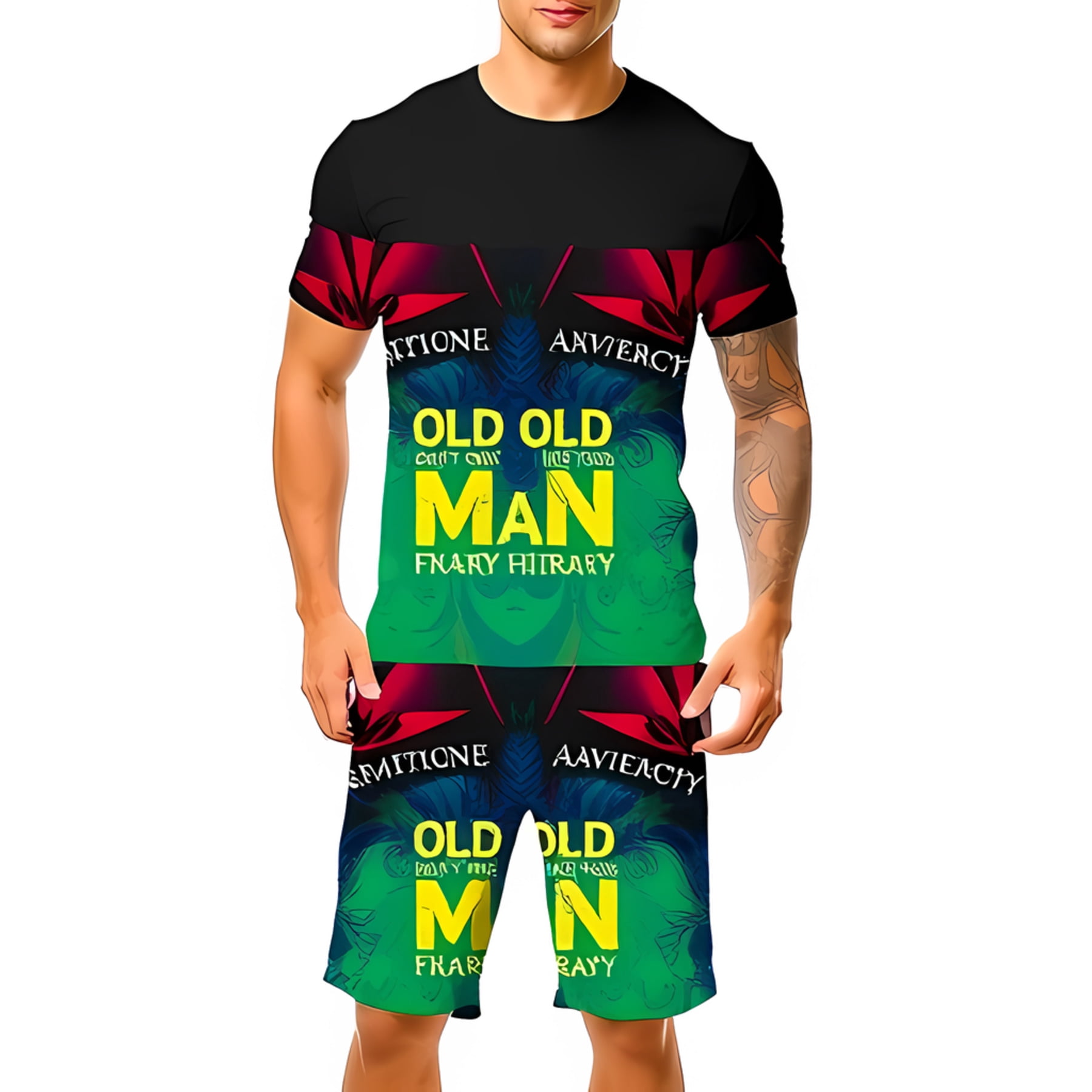 Vibrant Graphic T-Shirt and Shorts Set for Men - Bold 'OLD MAN' Design ...