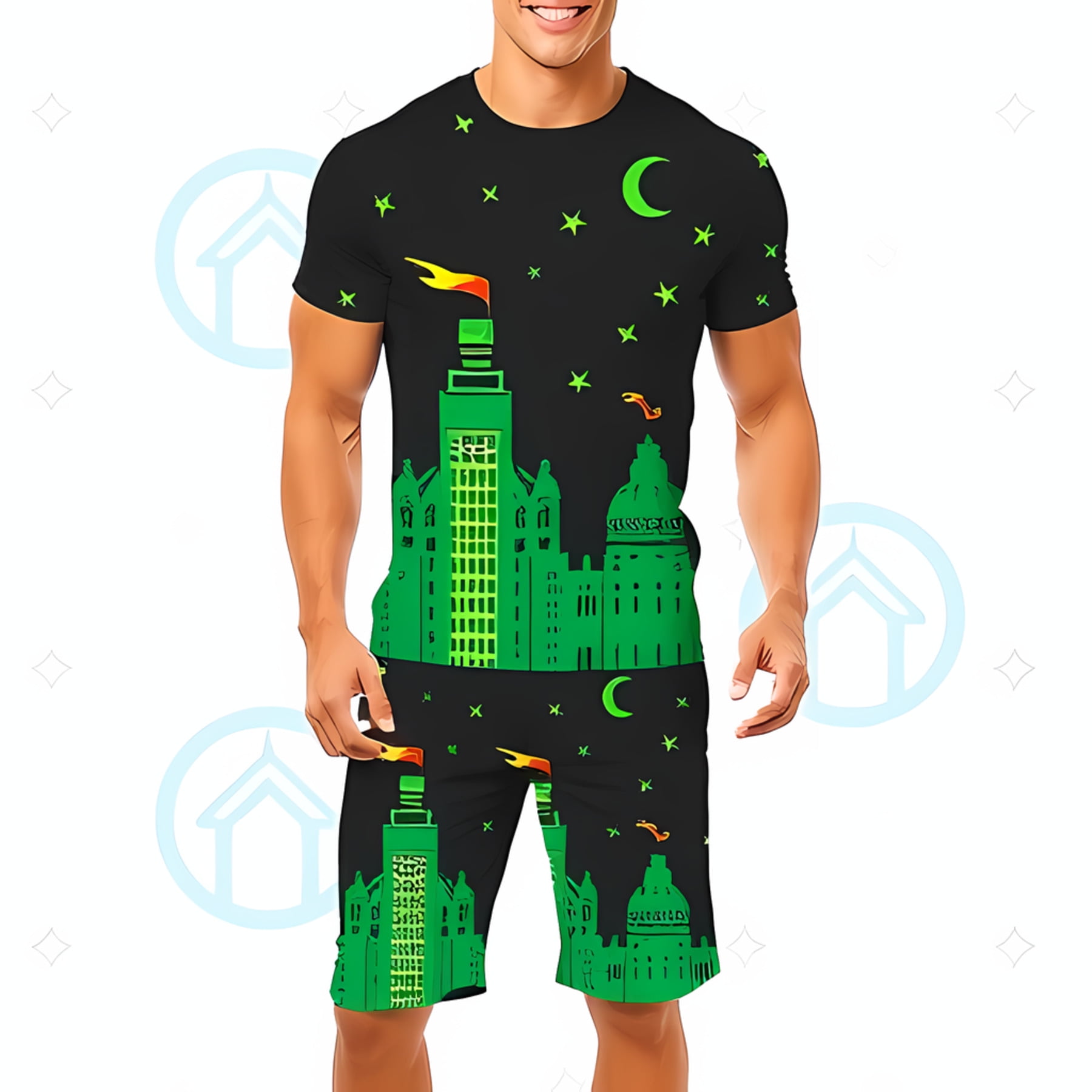 Vibrant Graphic T-Shirt and Shorts Set with Whimsical Cityscape Design Night Sky & Flaming ...