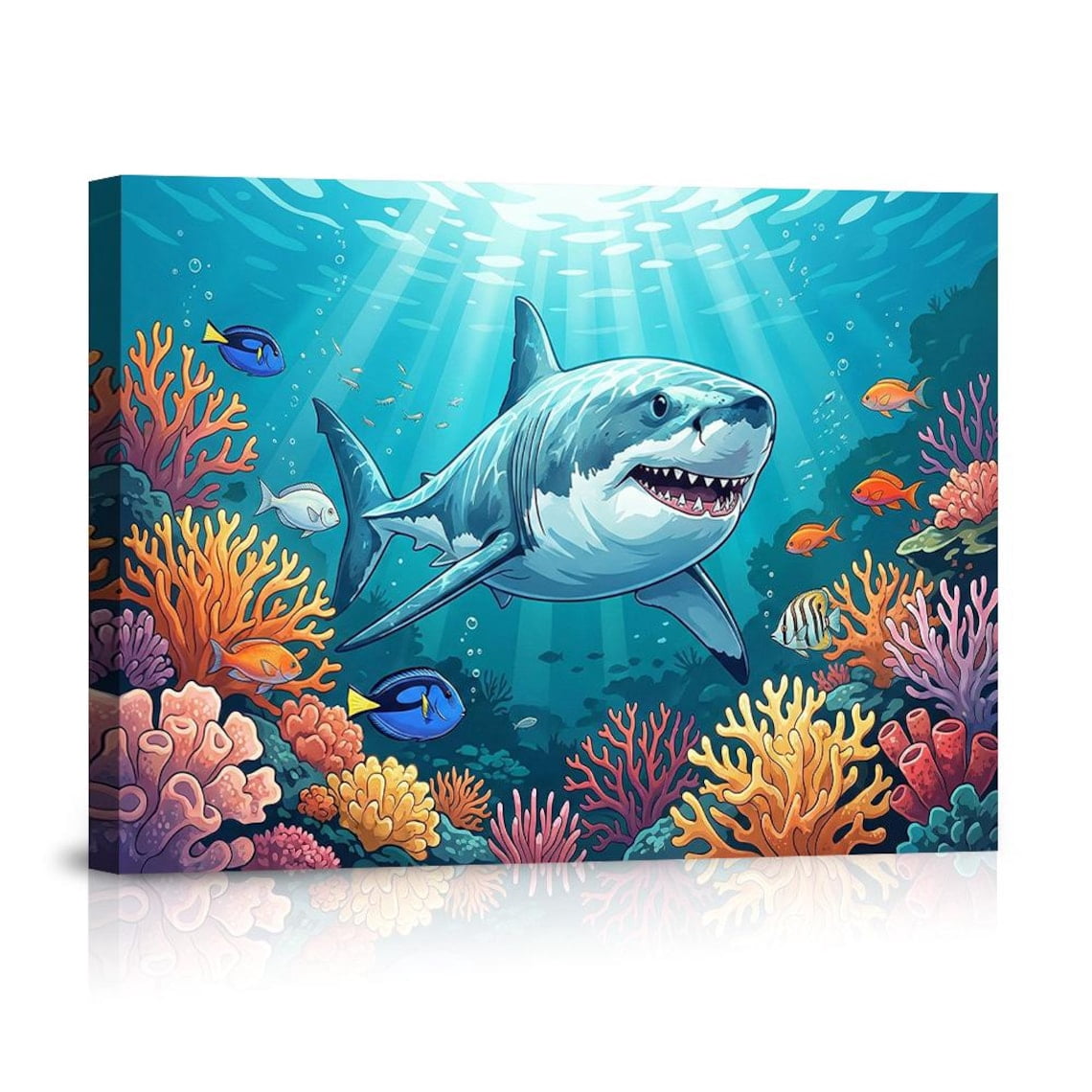 Vibrant Great White Shark In Coral Reef Underwater Ocean Life For Room ...