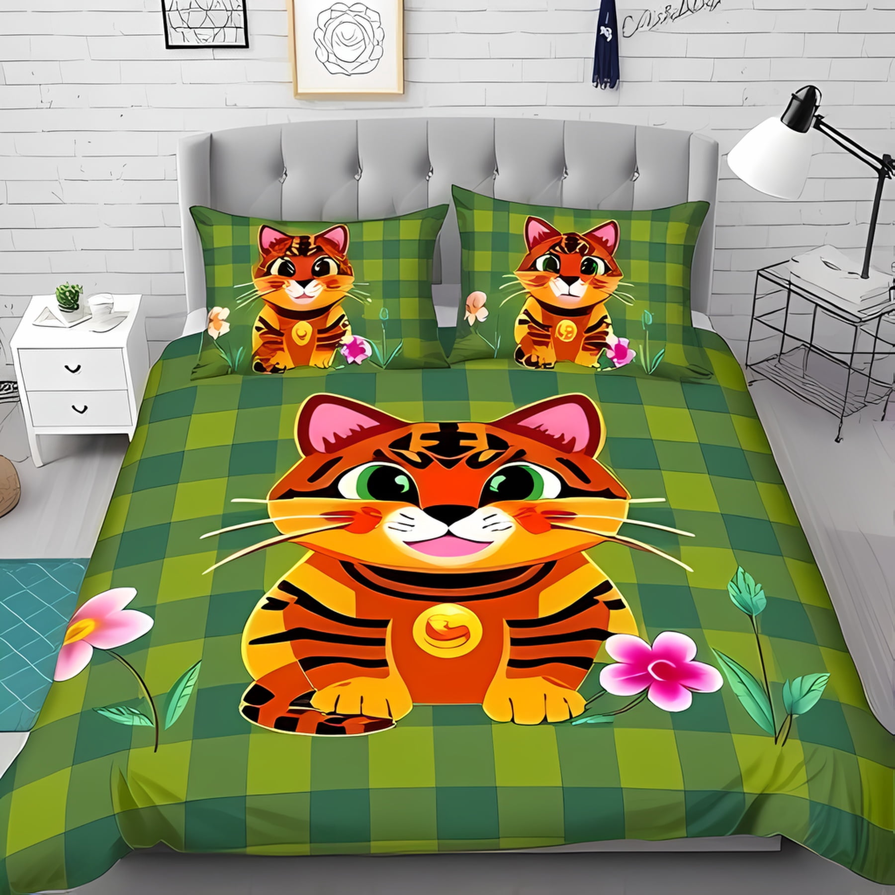 Vibrant Green 3-Piece Duvet Cover & Pillowcase Set with Cute Cartoon ...