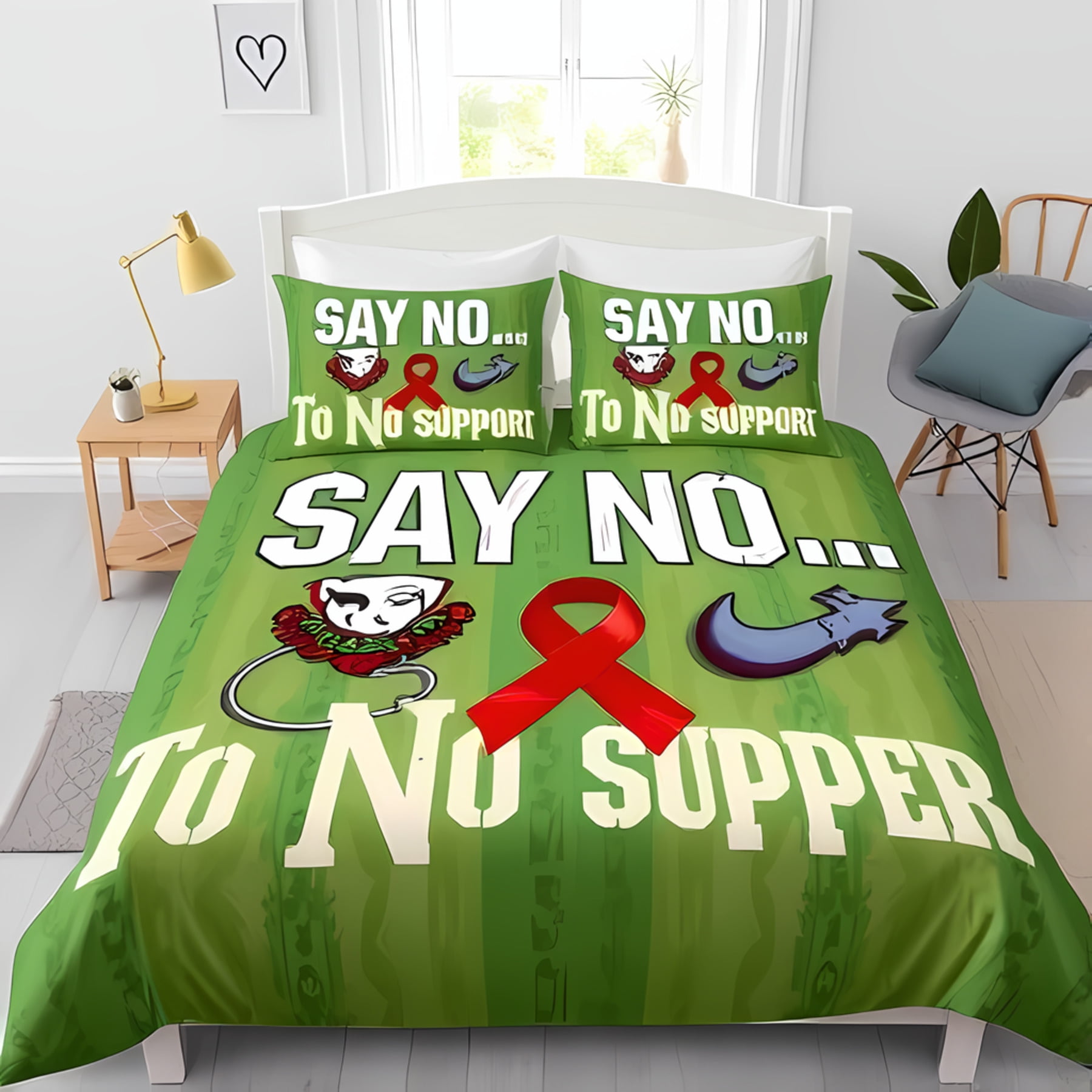 Vibrant Green 3-Piece Duvet Cover Set with Bold 'SAY NO TO NO SUPPER ...