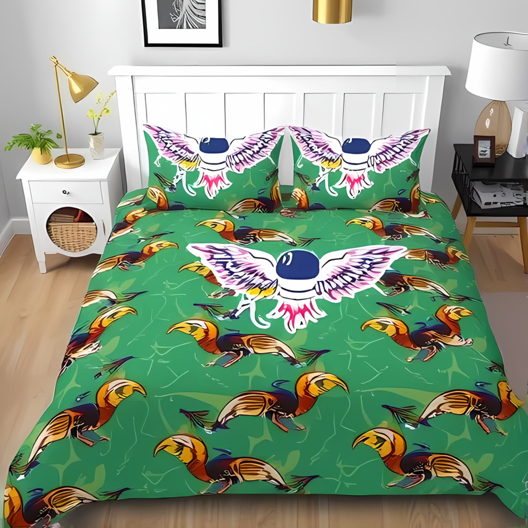 Vibrant Green 3-Piece Duvet Cover Set with Colorful Bird Designs - Cozy ...