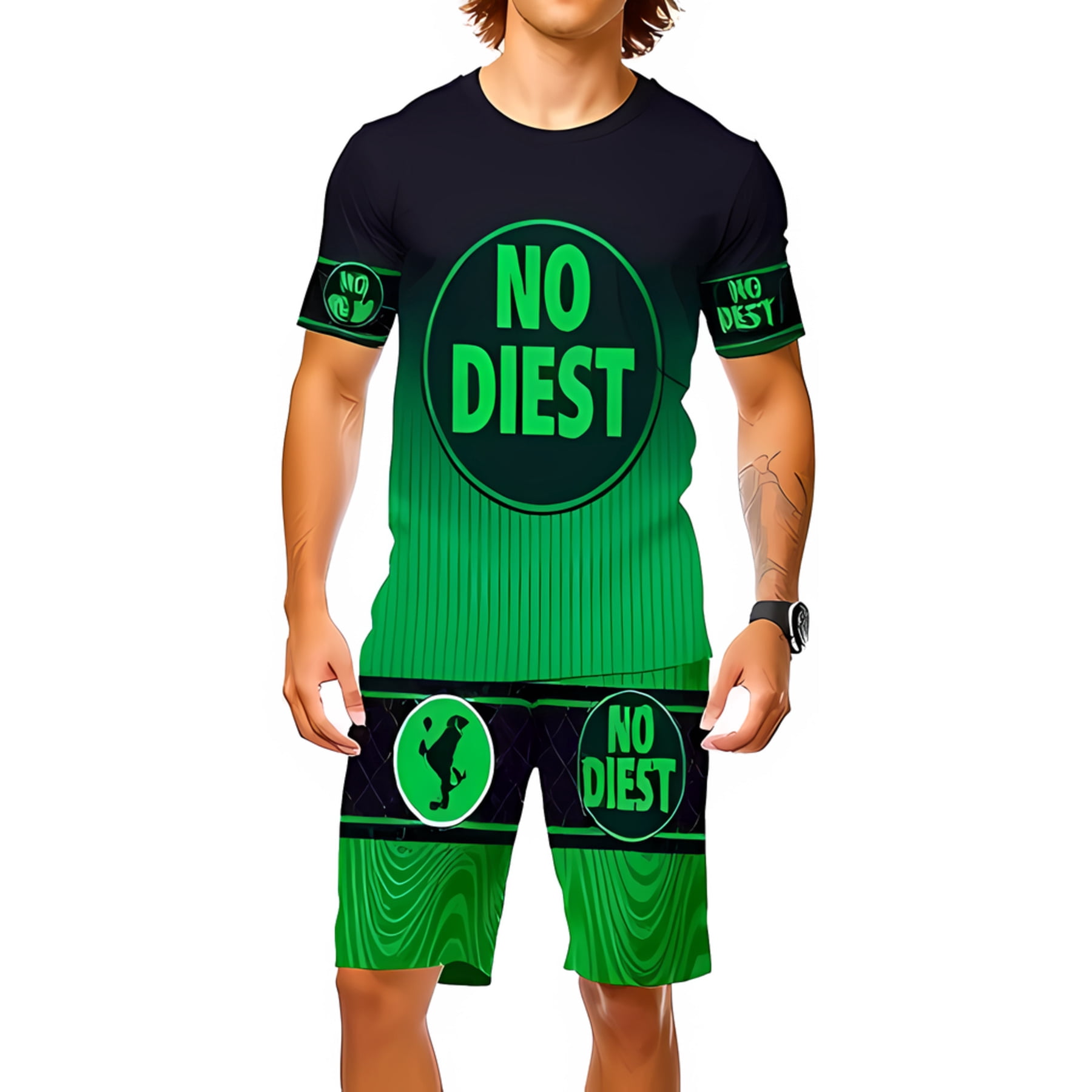 Vibrant Green & Black Athletic T-Shirt and Shorts Set with Bold 'NO ...