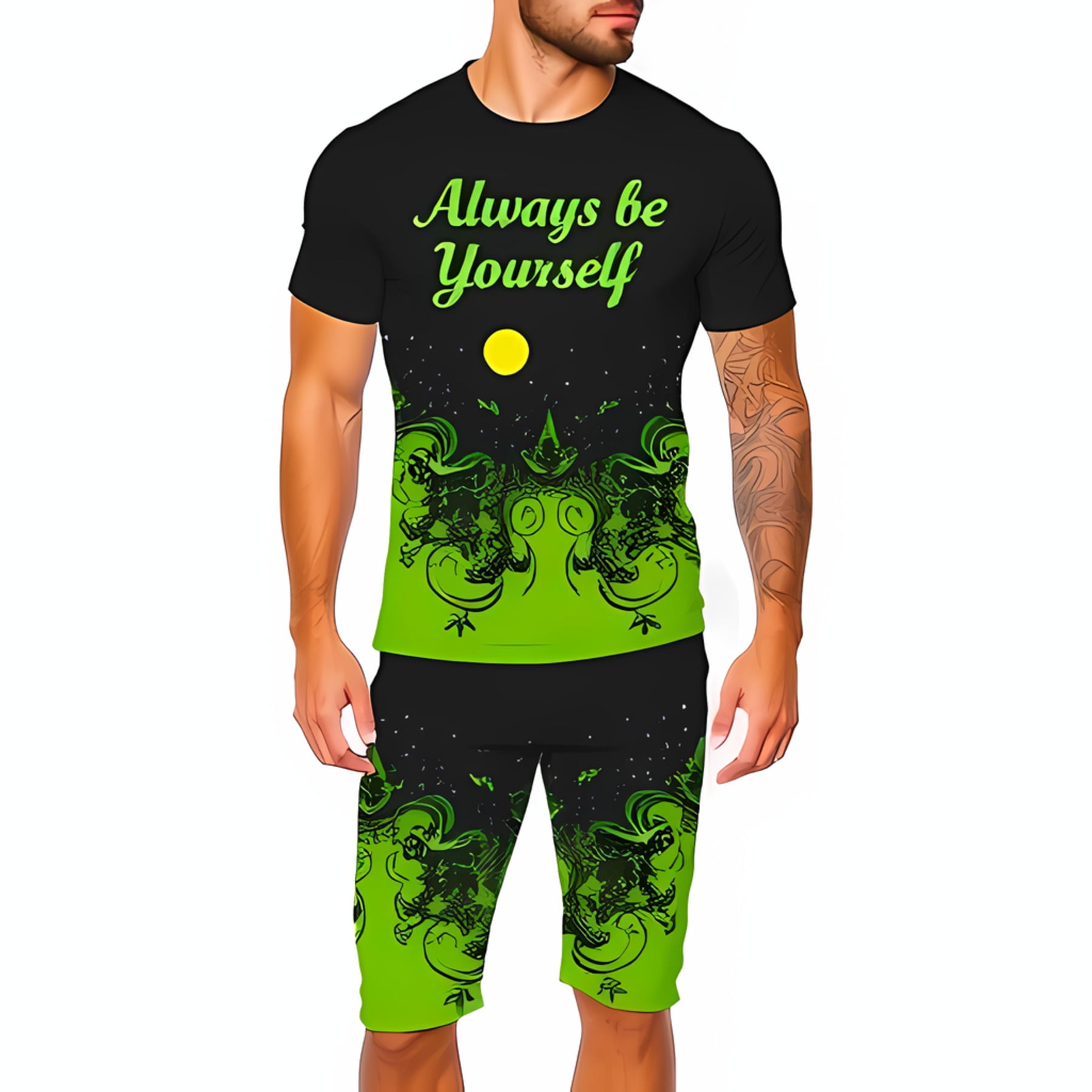Vibrant Green & Black Athletic T-Shirt and Shorts Set with Mythical ...