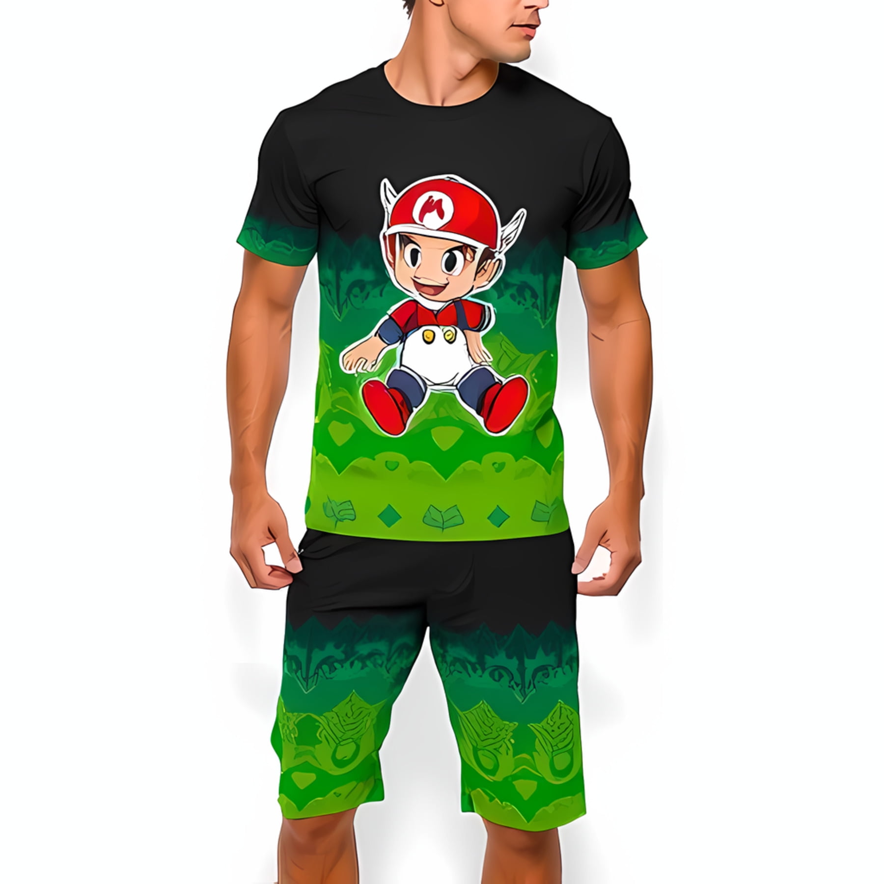 Vibrant Green & Black Cartoon Character T-Shirt and Shorts Set ...