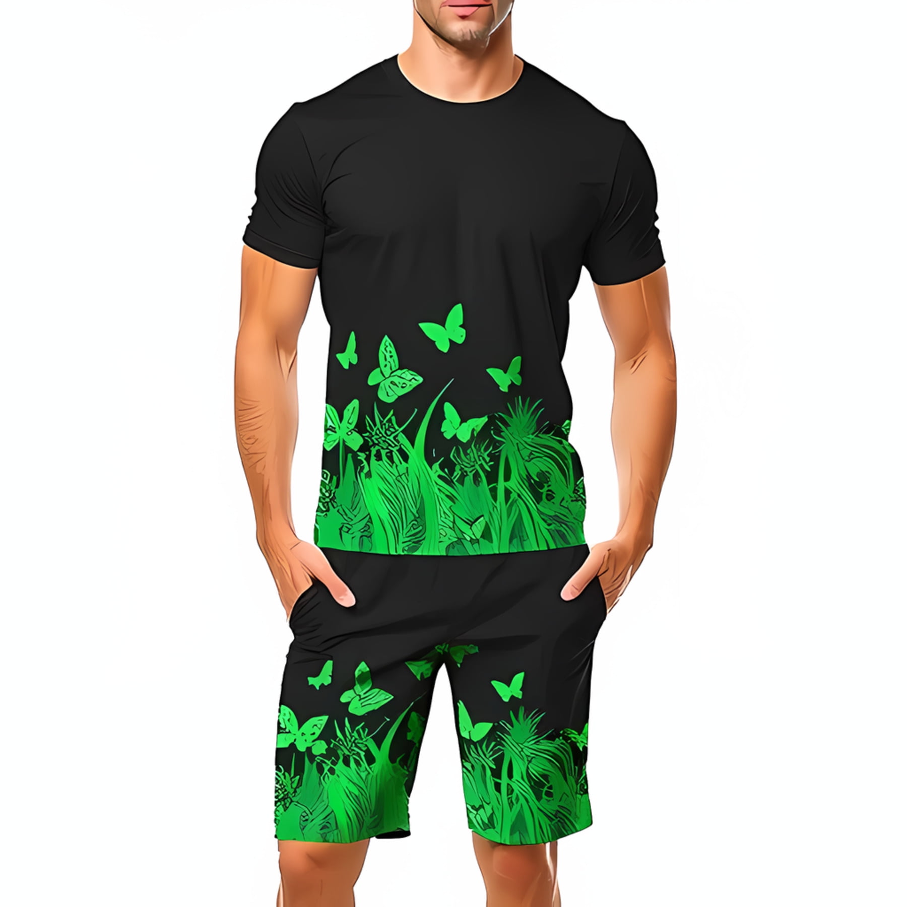 Vibrant Green Butterfly Print T-Shirt & Shorts Set - Stylish Summer ...