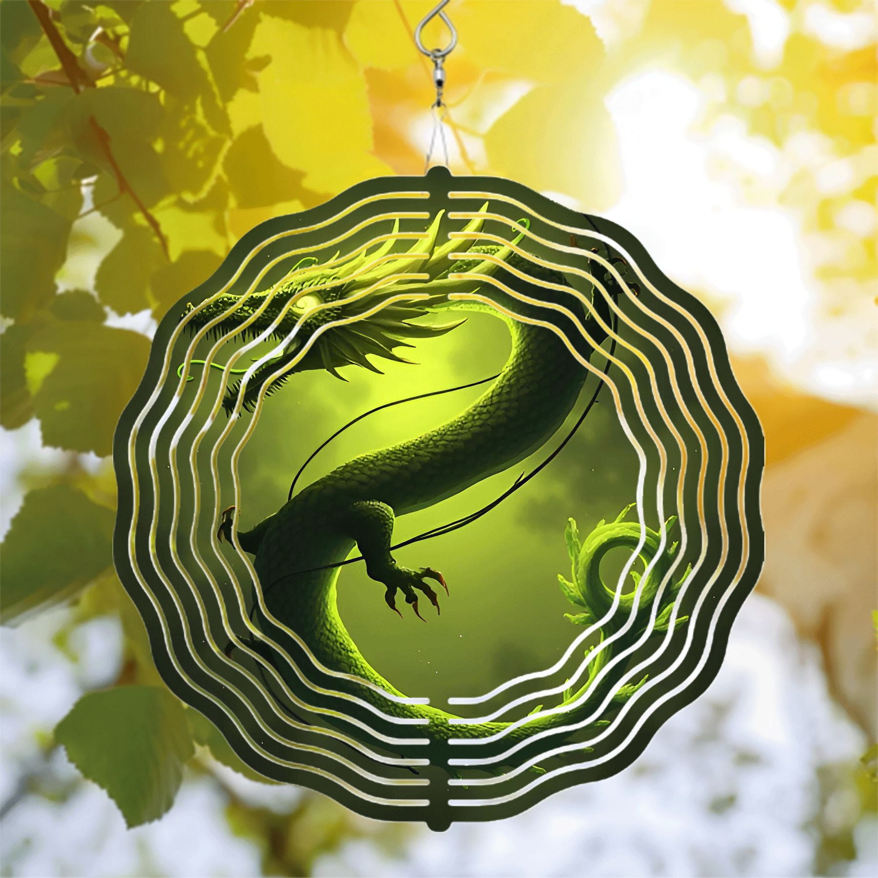 Vibrant Green Dragon Metal Wind Spinner & Chime - Intricate Circular ...