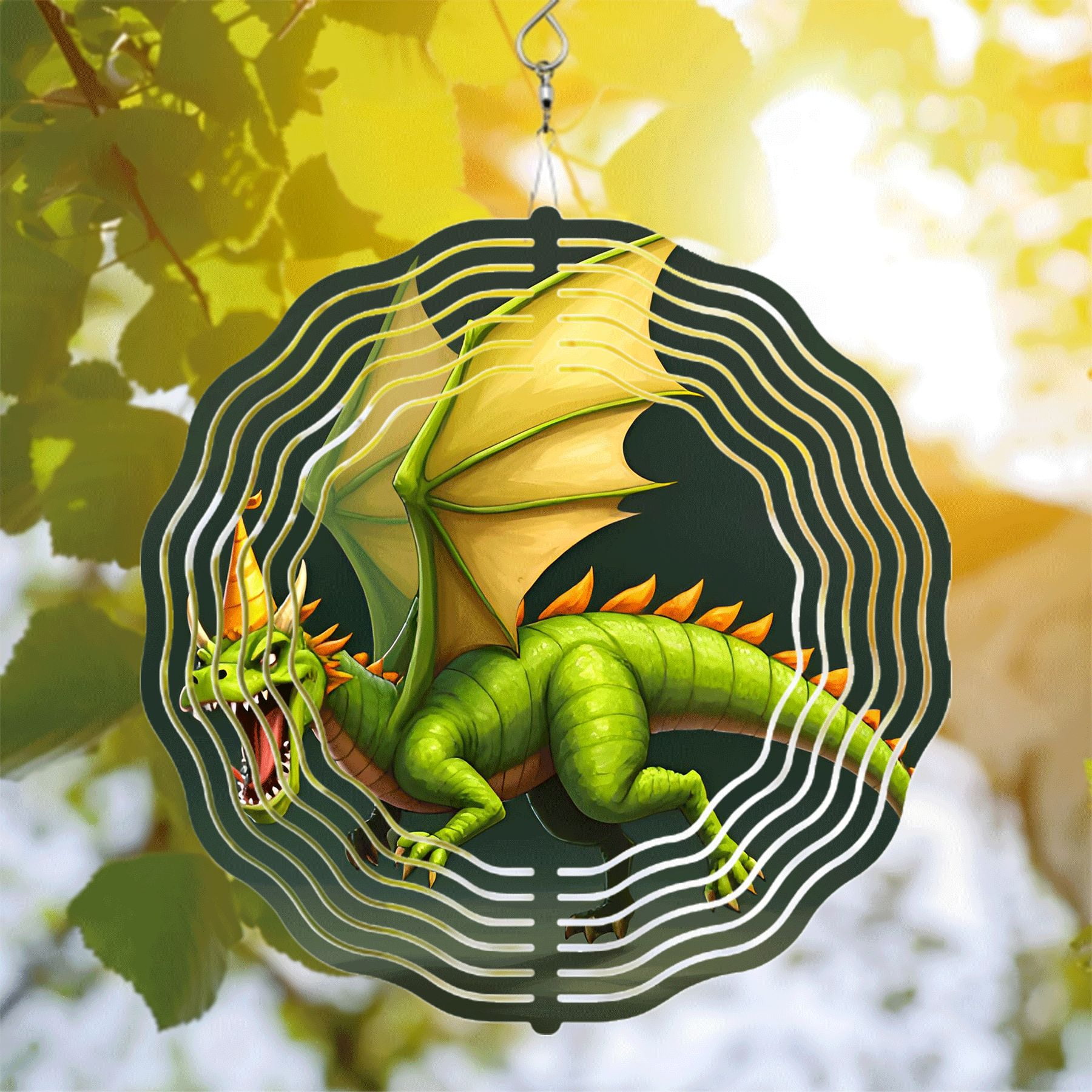Vibrant Green Dragon Metal Wind Spinner with Yellow Wings & Orange ...