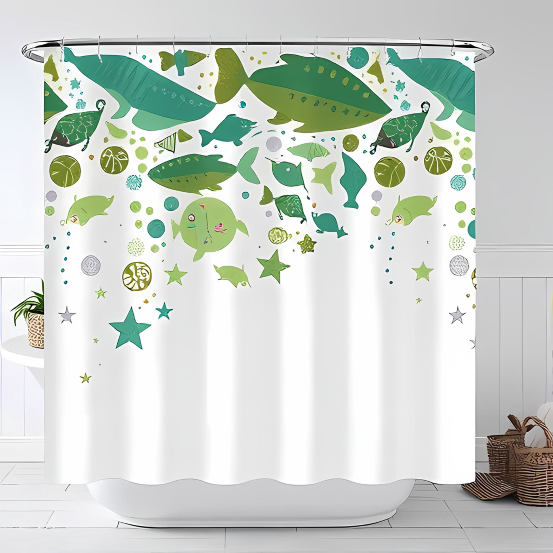 Vibrant Green Fish Shower Curtain - Marine Life Design with Sea ...