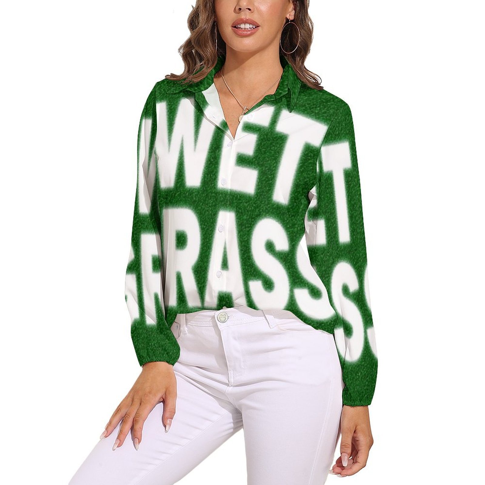 Vibrant Green Grass Wet Grass-2 Vntage Casual Long Sleeve Shirt Blouse ...