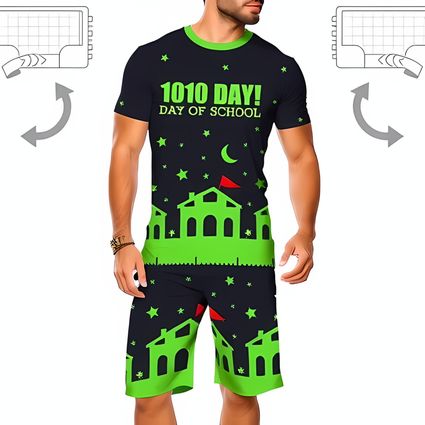 Vibrant Green & Navy Blue Pajama Set - Playful Houses & Night Sky ...