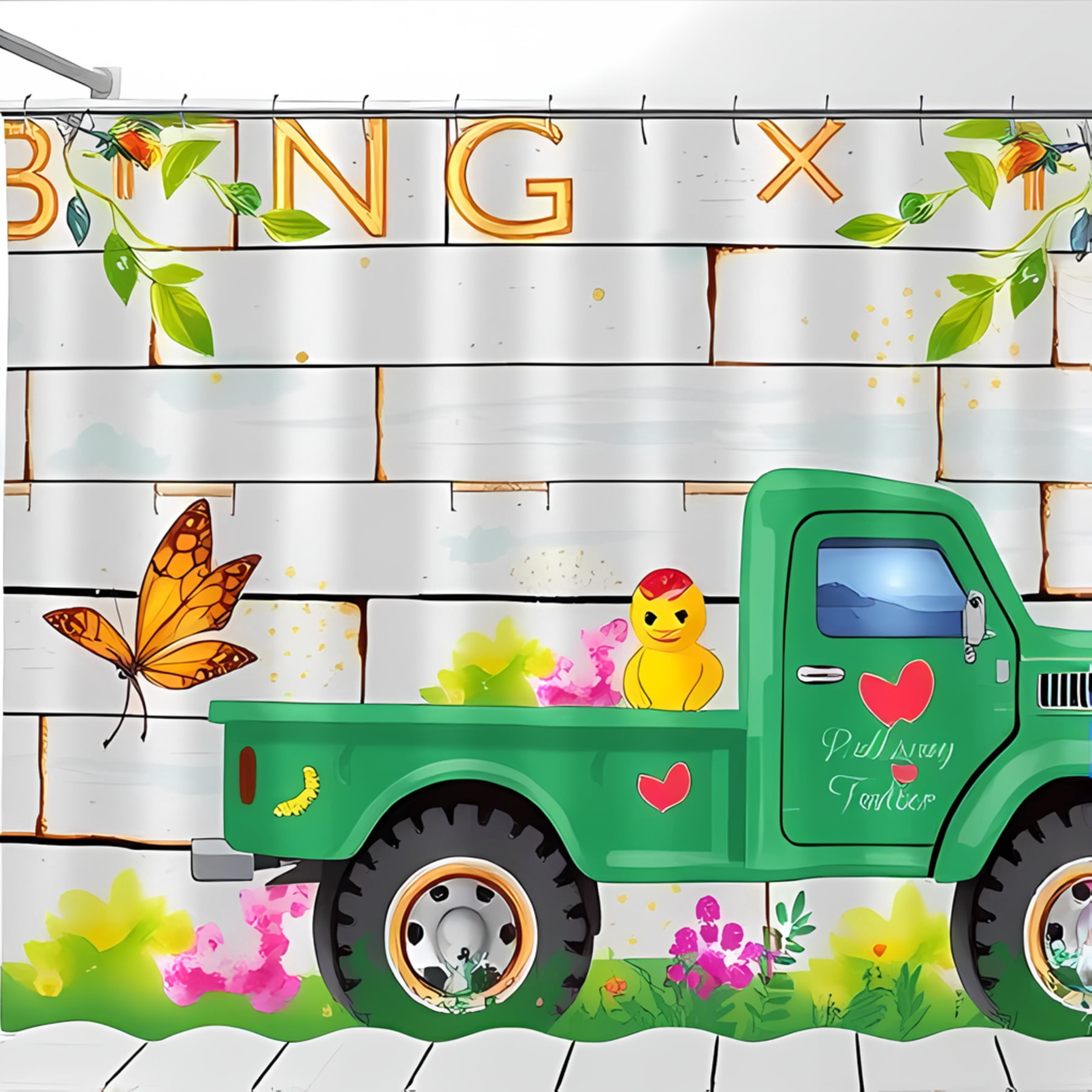 Vibrant Green Pickup Truck Shower Curtain with Heart & Banana Stickers ...